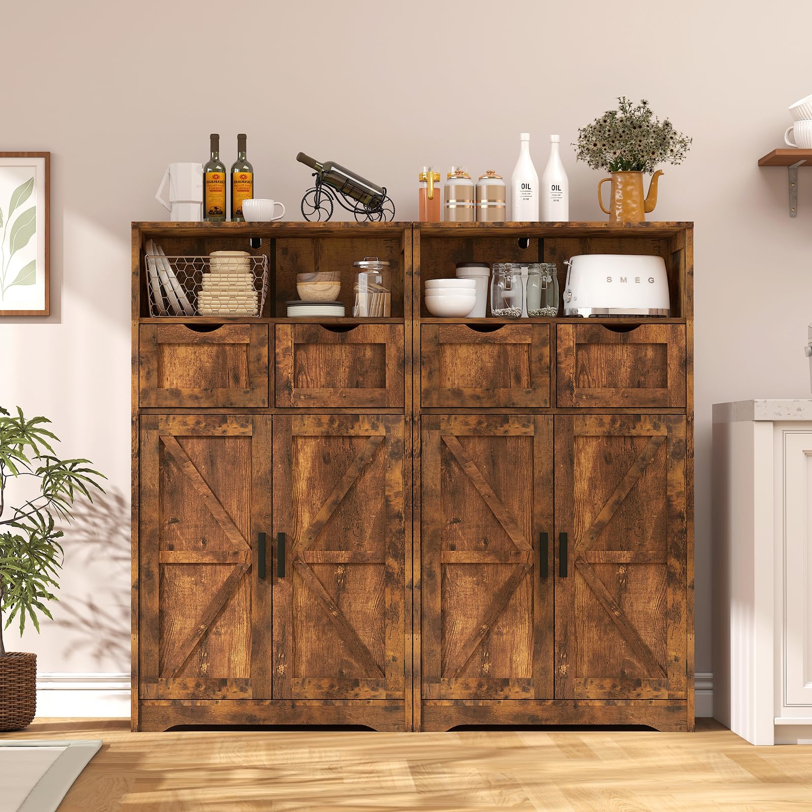 WEENFON Storage Cabinet with 2 Adjustable Drawers & 2 Barn Doors, Floor Cabinet, Freestanding Cupboard with Adjustable Shelf, for Living Room, Home Office, Kitchen, Rustic Brown