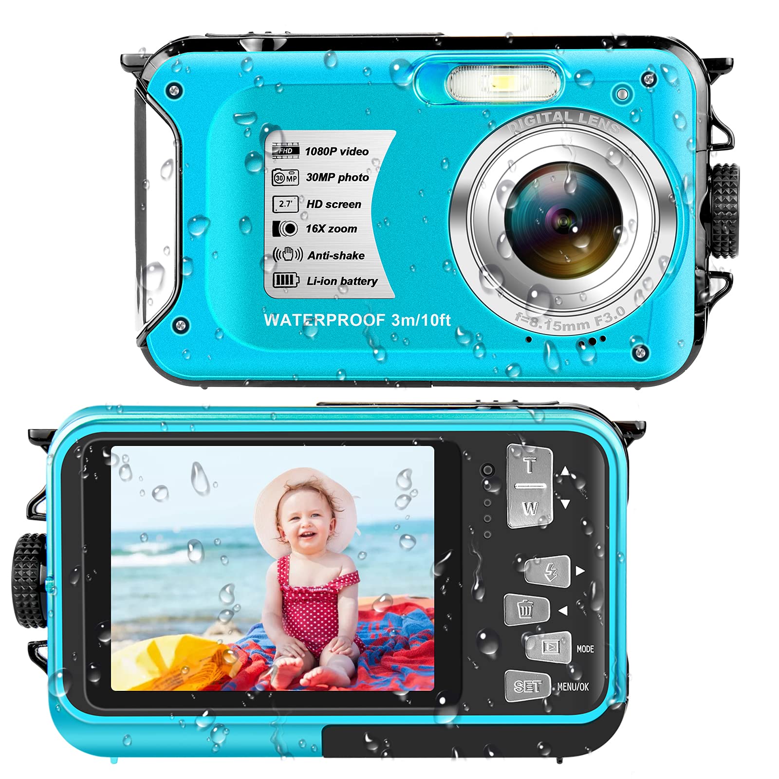 Underwater Camera Waterproof Camera 30 MP Full HD 1080P Video Recorder 16X Digital Zoom 10 FT Waterproof Digital Camera for Snorkeling
