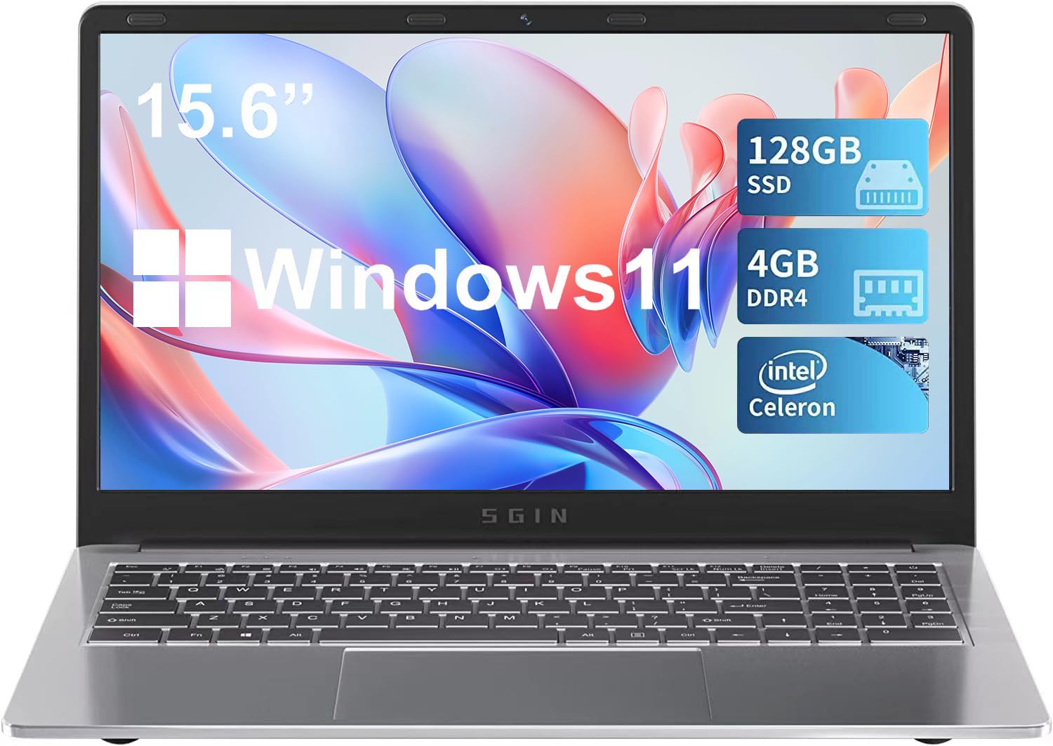 SGIN 15.6 Inch Display 4GB DDR4 RAM+128GB SSD Laptop, Laptops with Intel Celeron Quad Core Processor, Intel UHD Graphics 600, Mini HDMI, Webcam, WiFi, Bluetooth 4.2, USB3.0