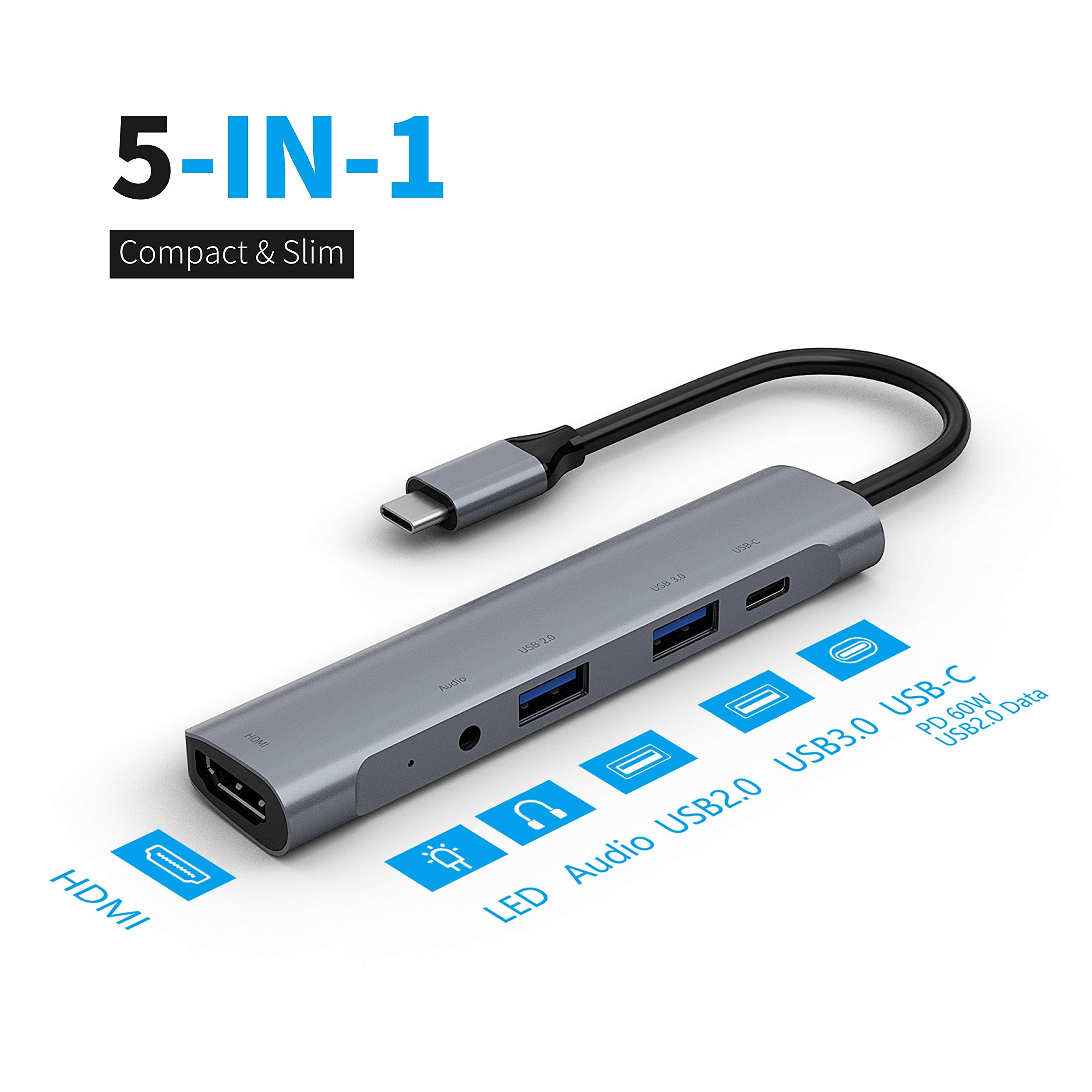 Slim Aluminum USB C Hub Adapter 5 in 1 with 4K HDMI, USB 3.0 Port, 3.5mm Headphone Jack, USB-C Data Charging Port Compatible for MacBook Pro, iPad Pro, Nintendo Switch and More