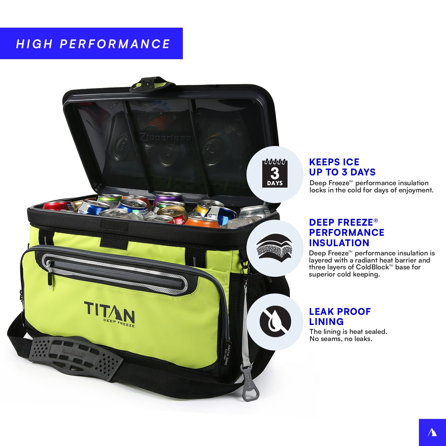 Titan Deep Freeze Cooler - 48 Can Zipperless Hardbody Cooler - Deep Freeze Insulation, HardBody Liner, and SmartShelf - Blue Lagoon