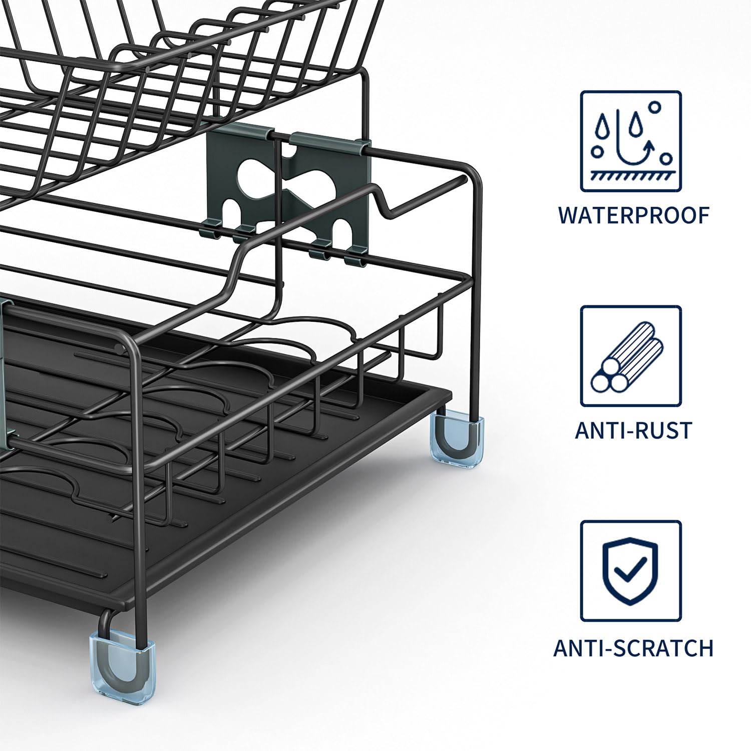 slhsy Dish Drying Rack for Kitchen Counter,Detachable 2 Tier Stainless Steel Dish Strainers with Utensil/Cup/Cutting-Board Holder and Knife Block Rust-Proof Dish Drainer,Black