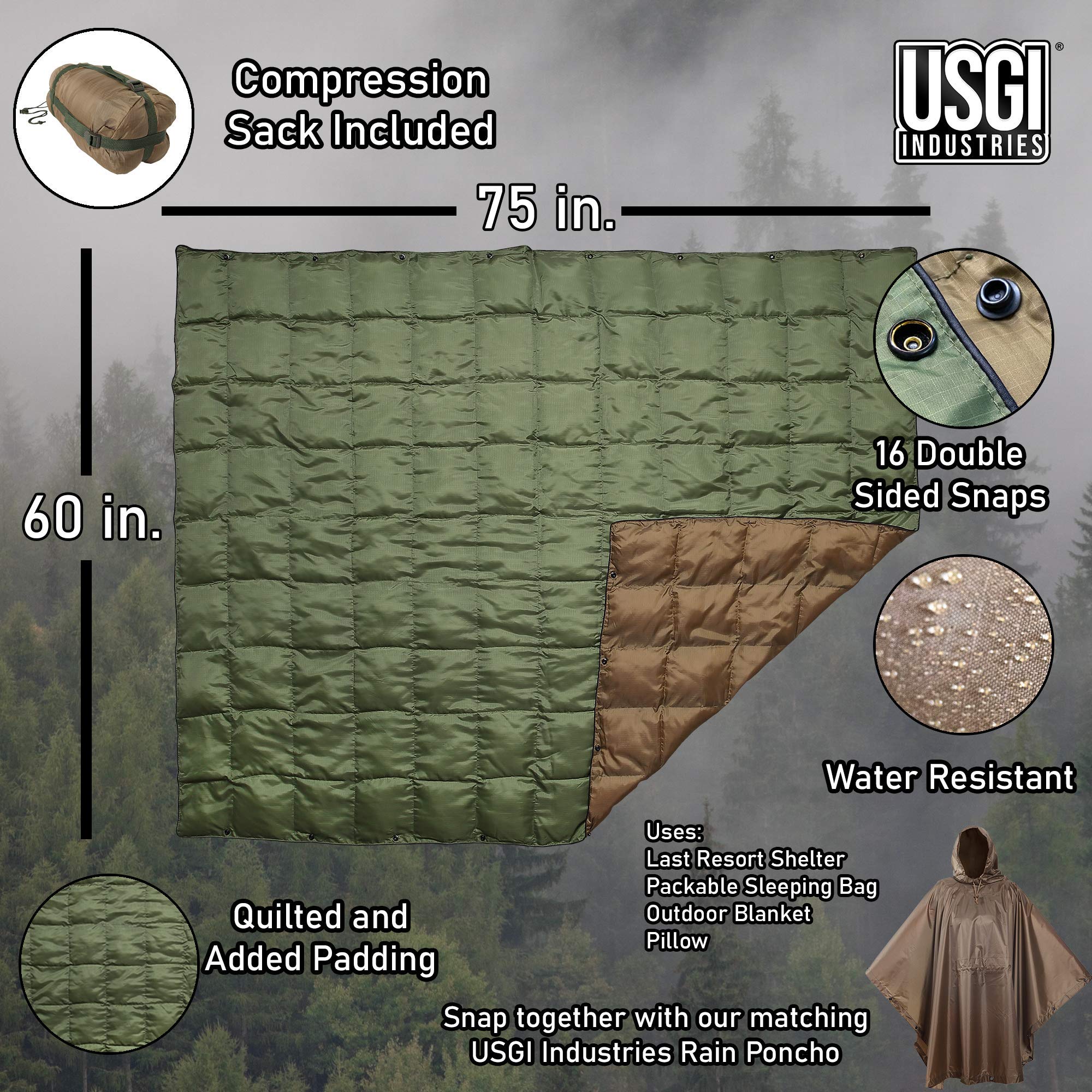 USGI Industries Camp-Shield Adventure Blanket | Added Padding, Water Resistant, Lightweight and Warm | Perfect for Traveling, Festivals, Camping or Survival | includes Compression Sack (OD/Orange)
