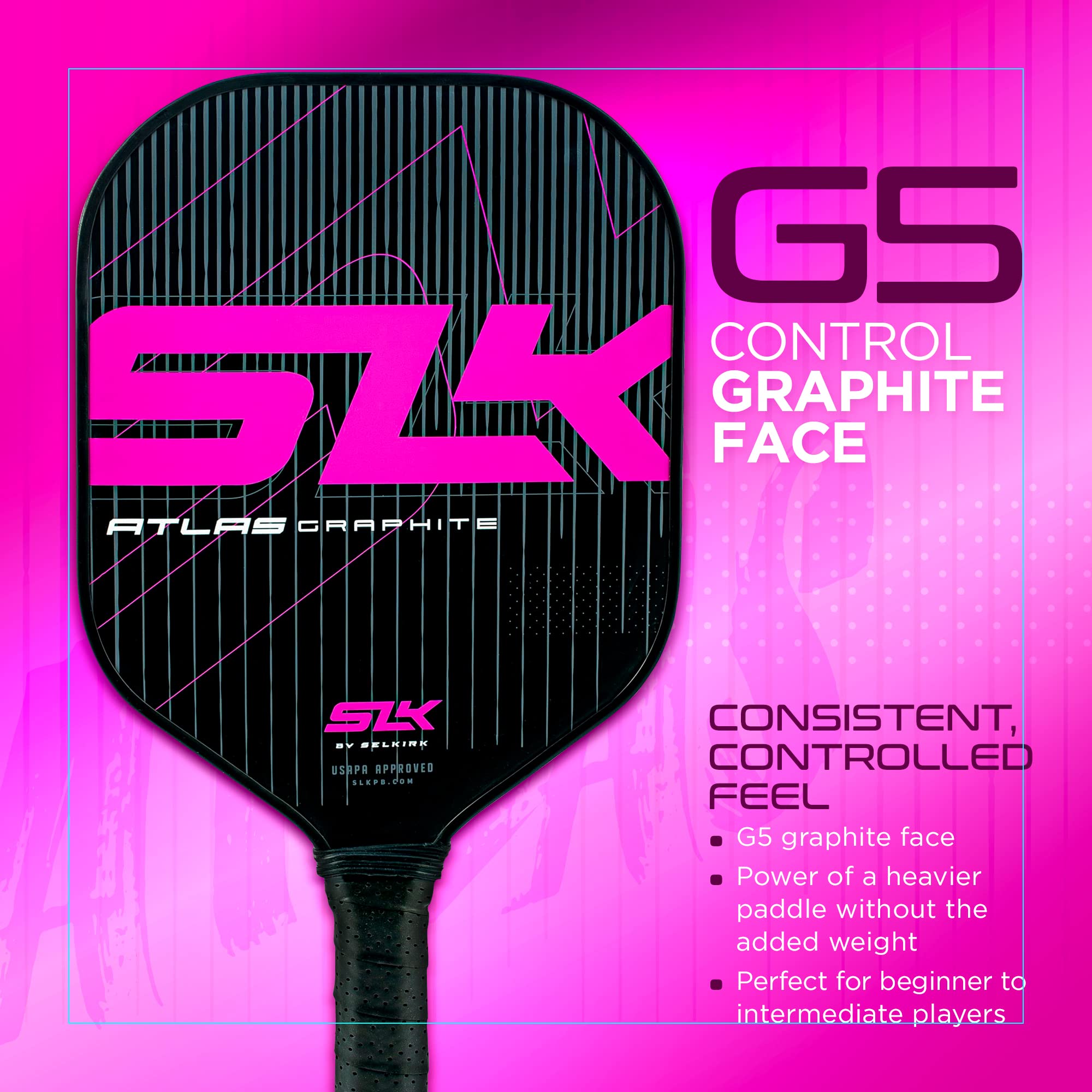 SLK Atlas Pickleball Paddle | Graphite Pickleball Paddle features G5 Control Graphite Face & Polymer Rev-Core+ | Designed in the USA | Perfect starter for any upcoming pickleball player (Atlas Purple)