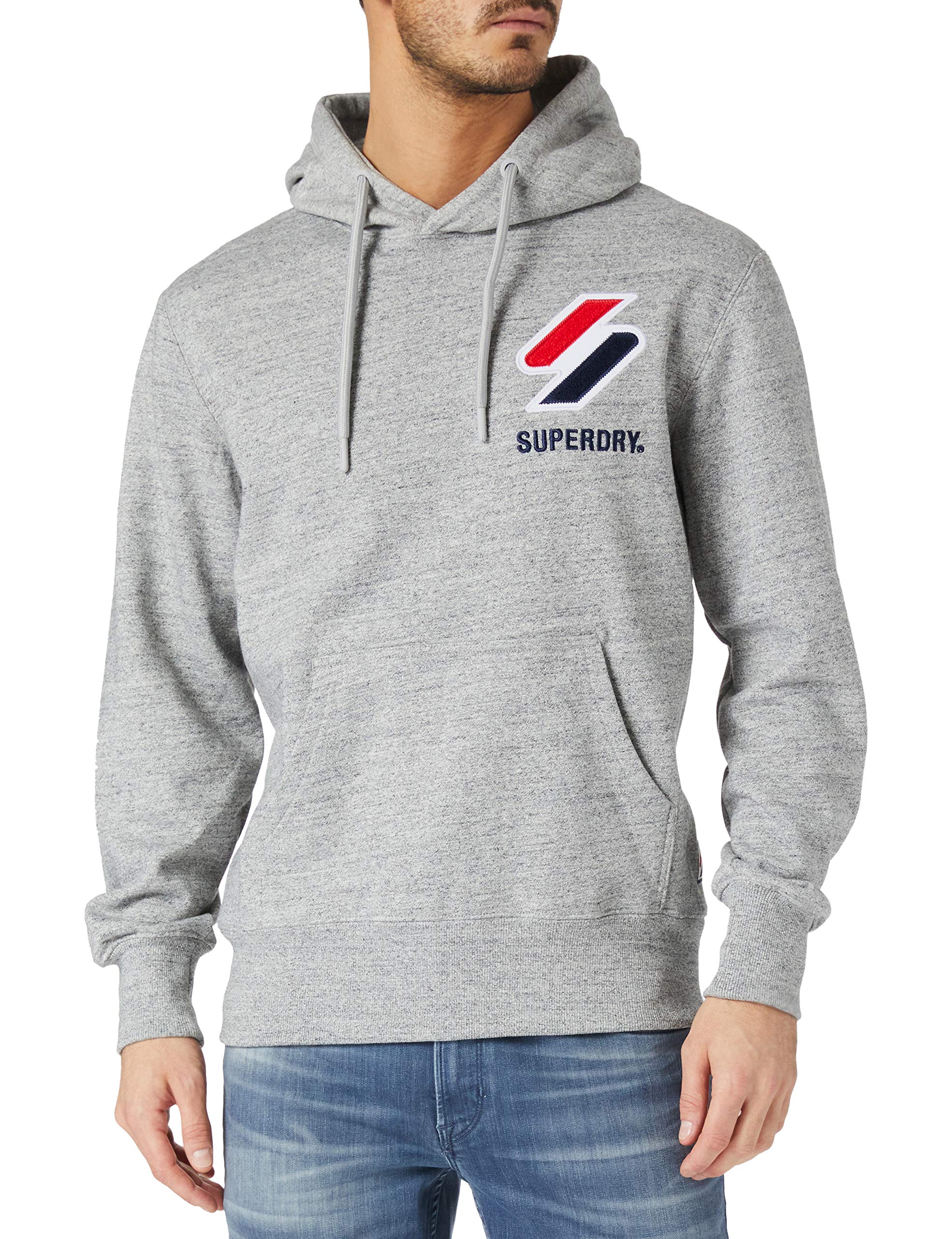 Superdry Mens Sportstyle Applique Hoodie, Relaxed Fit Grey Slub Grindle Size M