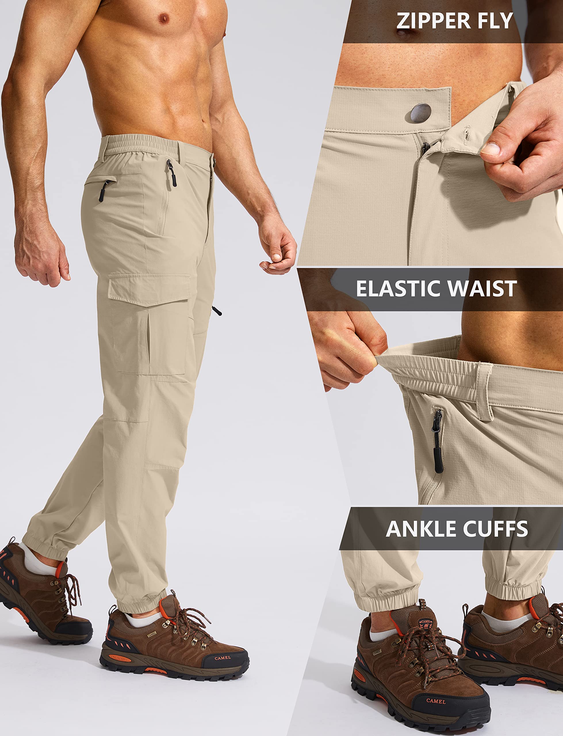 Viodia Men's Hiking Cargo Pants with 6 Pockets Ripstop Waterproof Stretch Joggers Pants for Men Golf Work Travel Light Khaki
