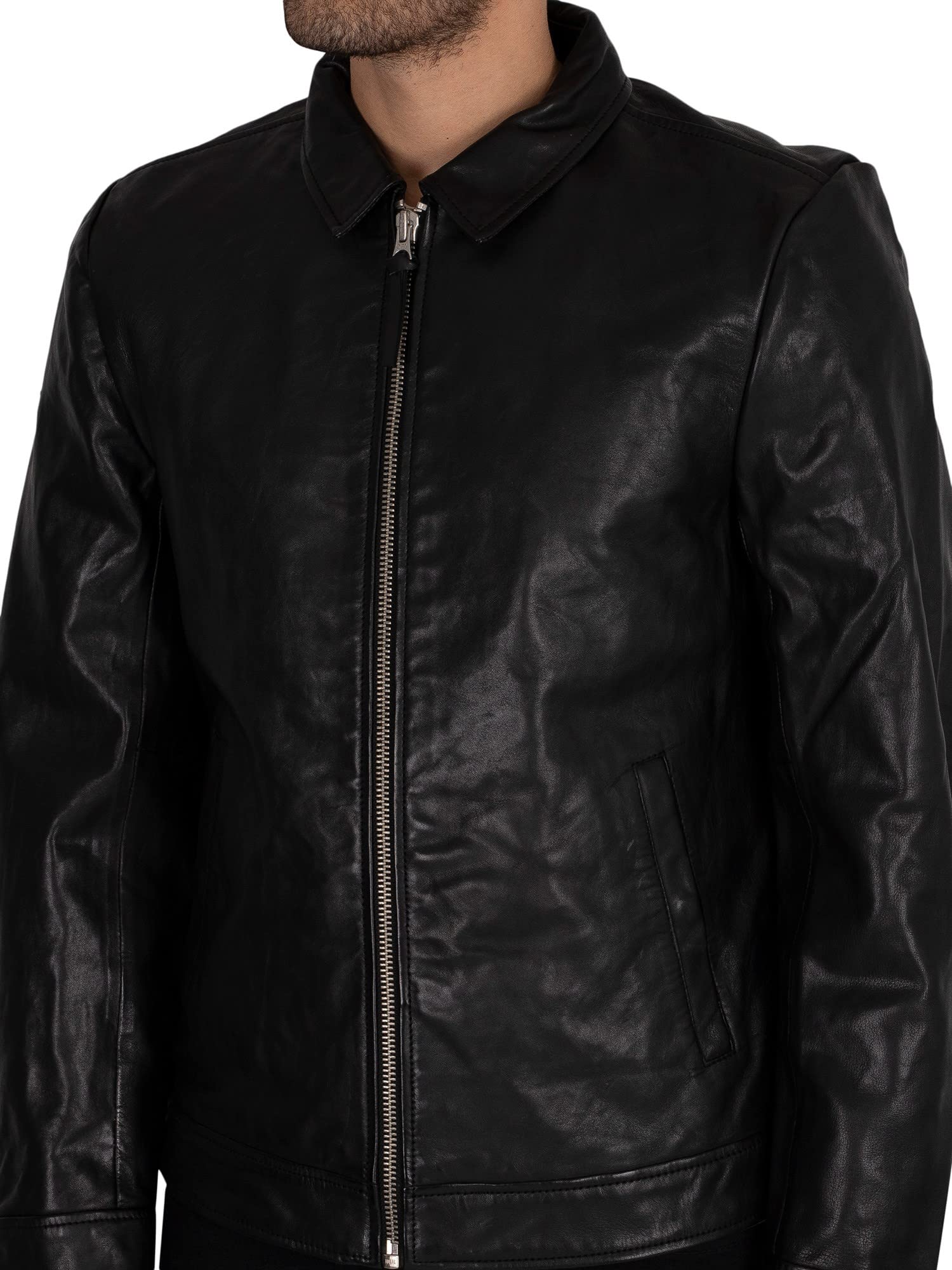 Superdry Mens Slim Fit Coach Leather Jacket, Main Zip Fastening Black Size L