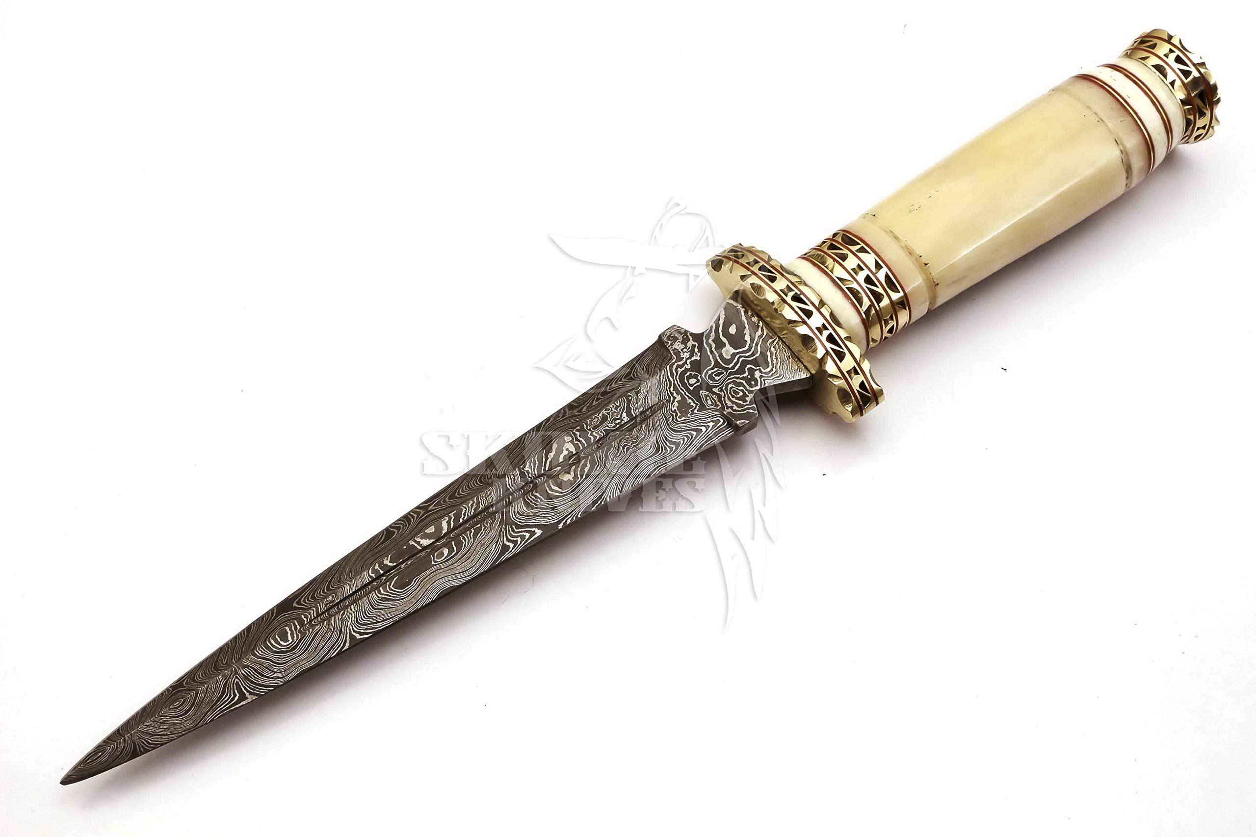 Skokie Knives Custom Hand Made Damascus Steel Hunting Dagger Knife Handle Camel Bone with Scrimshaw