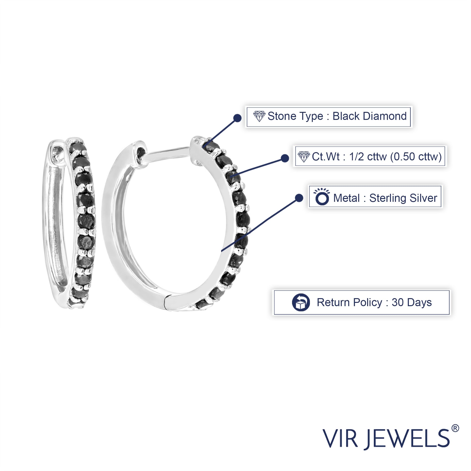 Vir Jewels 1/2 cttw Black Diamond Hoop Earrings .925 Sterling Silver Round Prong 3/4 Inch