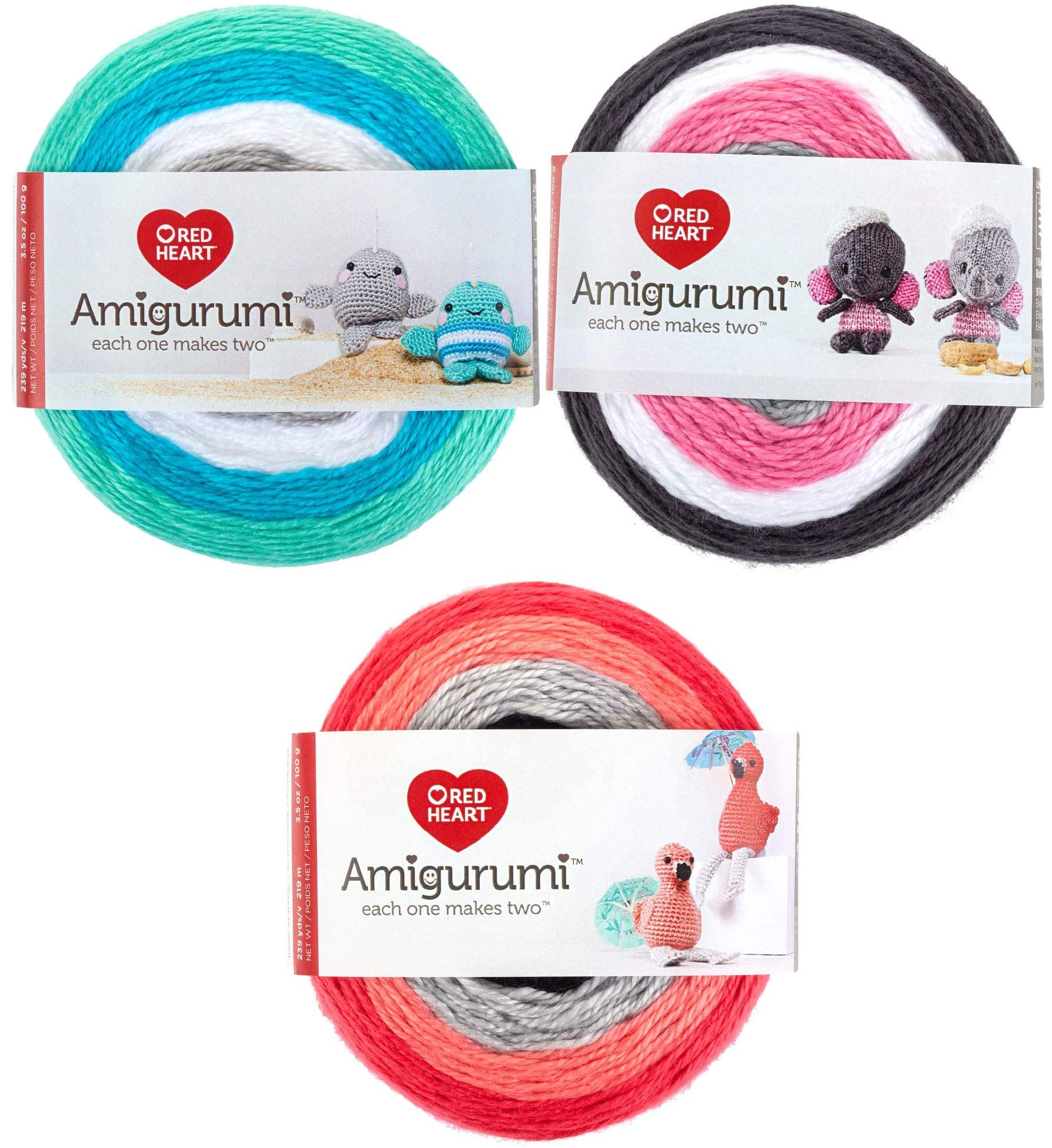 Red Heart Amigurumi Yarn, (3-Pack) Elephants, Narwhals, and Flamingos!