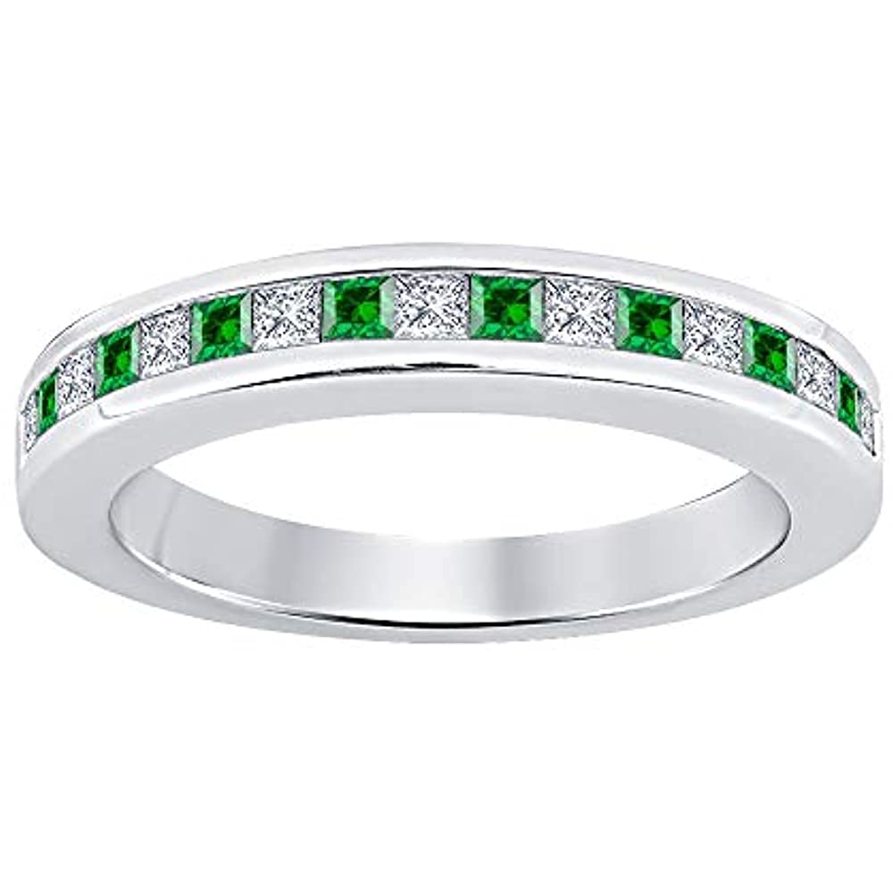 Skylark Half Eternity Band Wedding Engagement Ring Princess Cut Square Invisible Created-Green Emerald Channel Set 14K White Gold Over For Women's