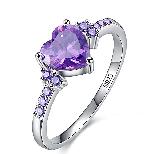 UNIQUFERANGER S925 natural amethyst heart-shaped zircon wedding engagement princess diamond ring (US size: 6-10) Purple(9)