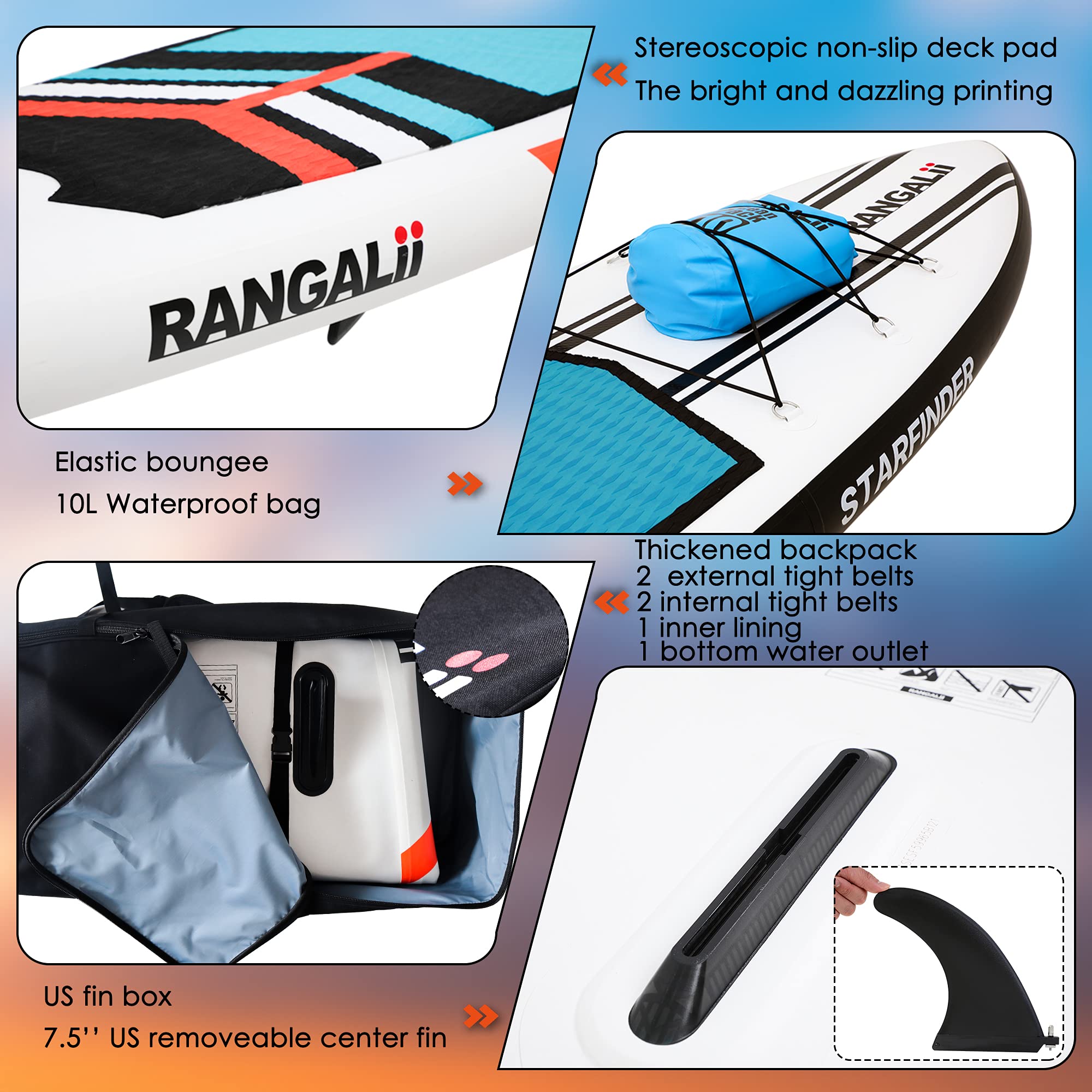 RANGALii 11' Foot Inflatable SUP Stand Up Paddle Board(32" Wide, 6" Thick) Durable with Adjustable Paddle, Backpack, Pump and Leash (Lake Blue)