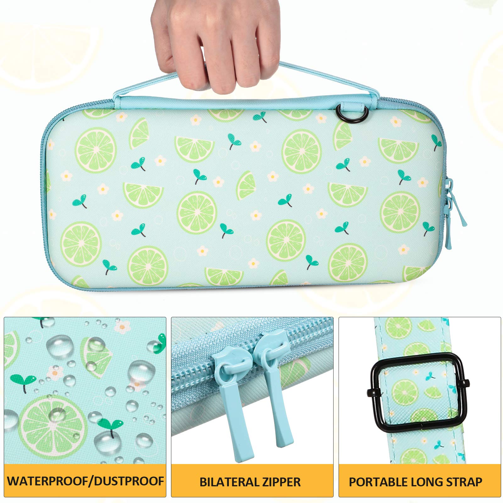 Weewooday Green Lemon Patterns Portable Carrying Case Hard Protective Travel Case with 2 Pieces Thumb Grip Covers Shell Pouch Compatible with Nintendo Switch Accessories