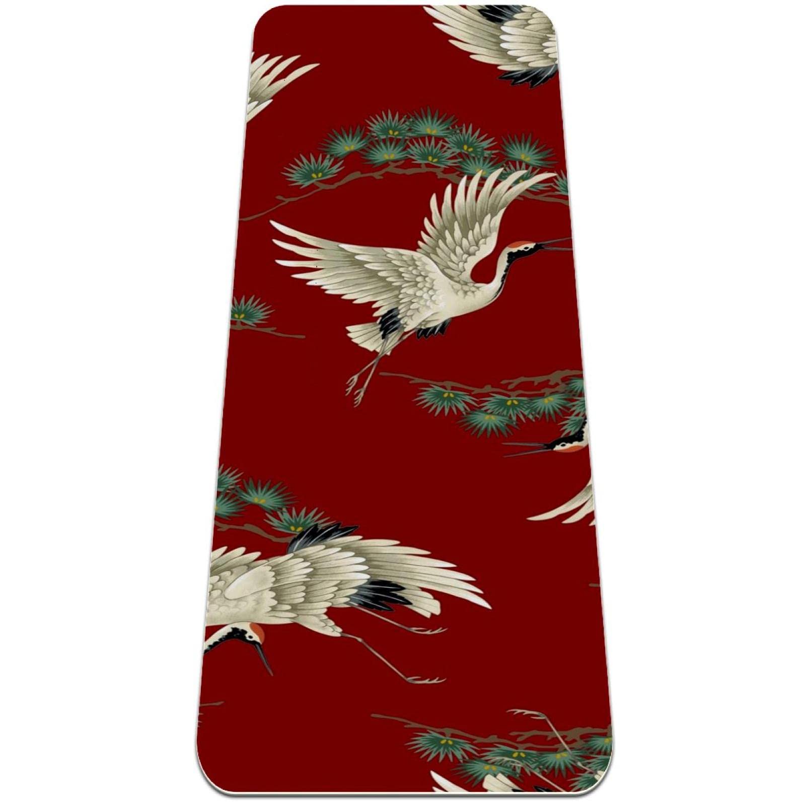 Yoga Mat, Yoga Mats for Home Workout, Workout Mat, Exercise Mats, Pilates Mat, bird crane seamless red pattern