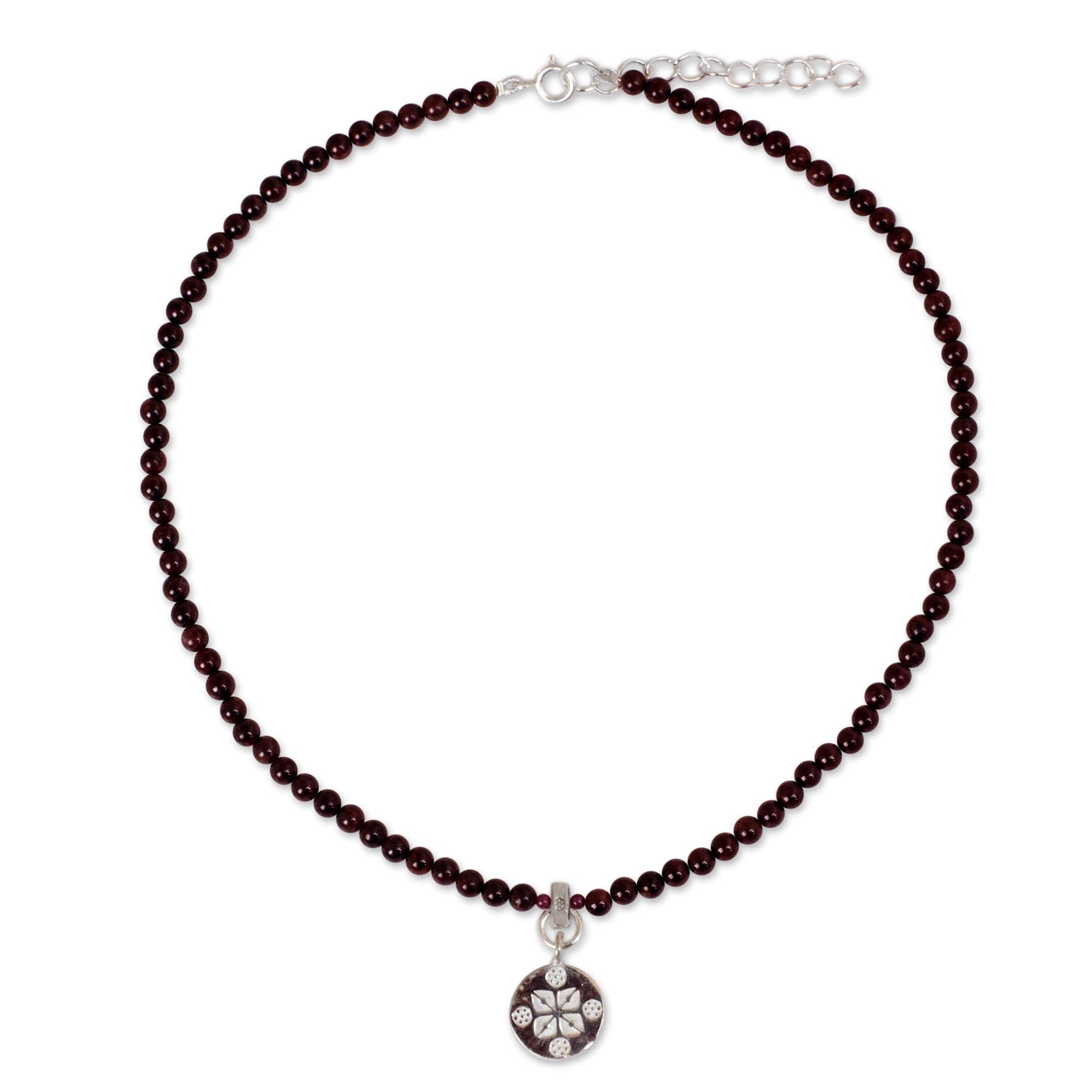 NOVICA Artisan Handmade Garnet Pendant Necklace .925 Sterling Silver Choker Red Beaded Thailand Sangria Birthstone 'Lucky Charm'