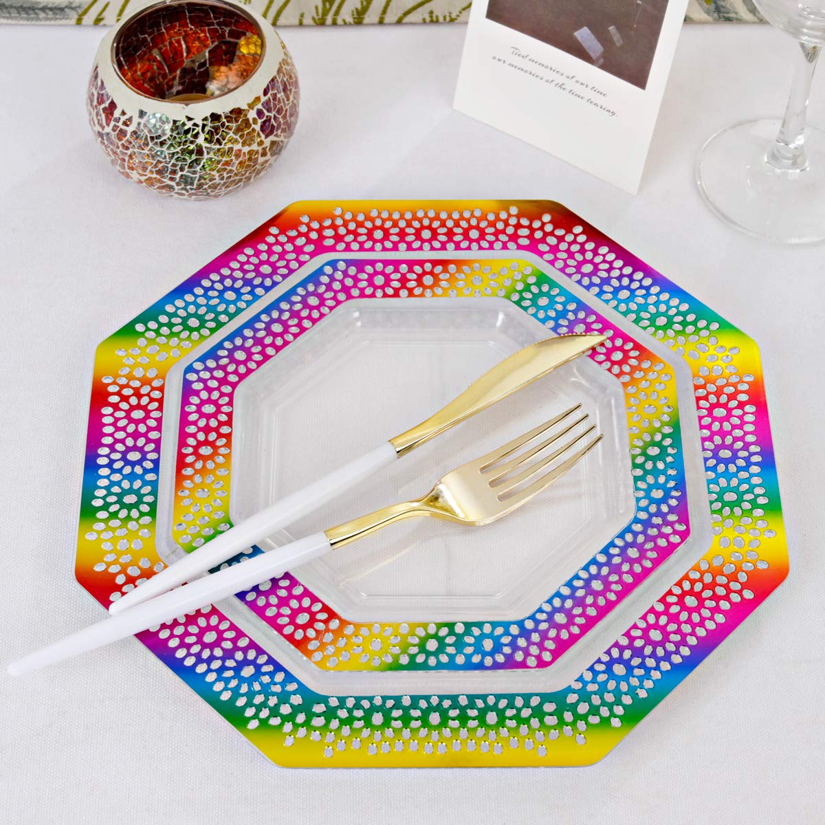supernal 60pcs Rainbow Plastic Plates,Clear Plates with Rainbow Lace Design,Clear Plastic Plates,Disposable Plates includ 30 Dinner Plates,30 Dessert Plates for Party and Birthday Parties
