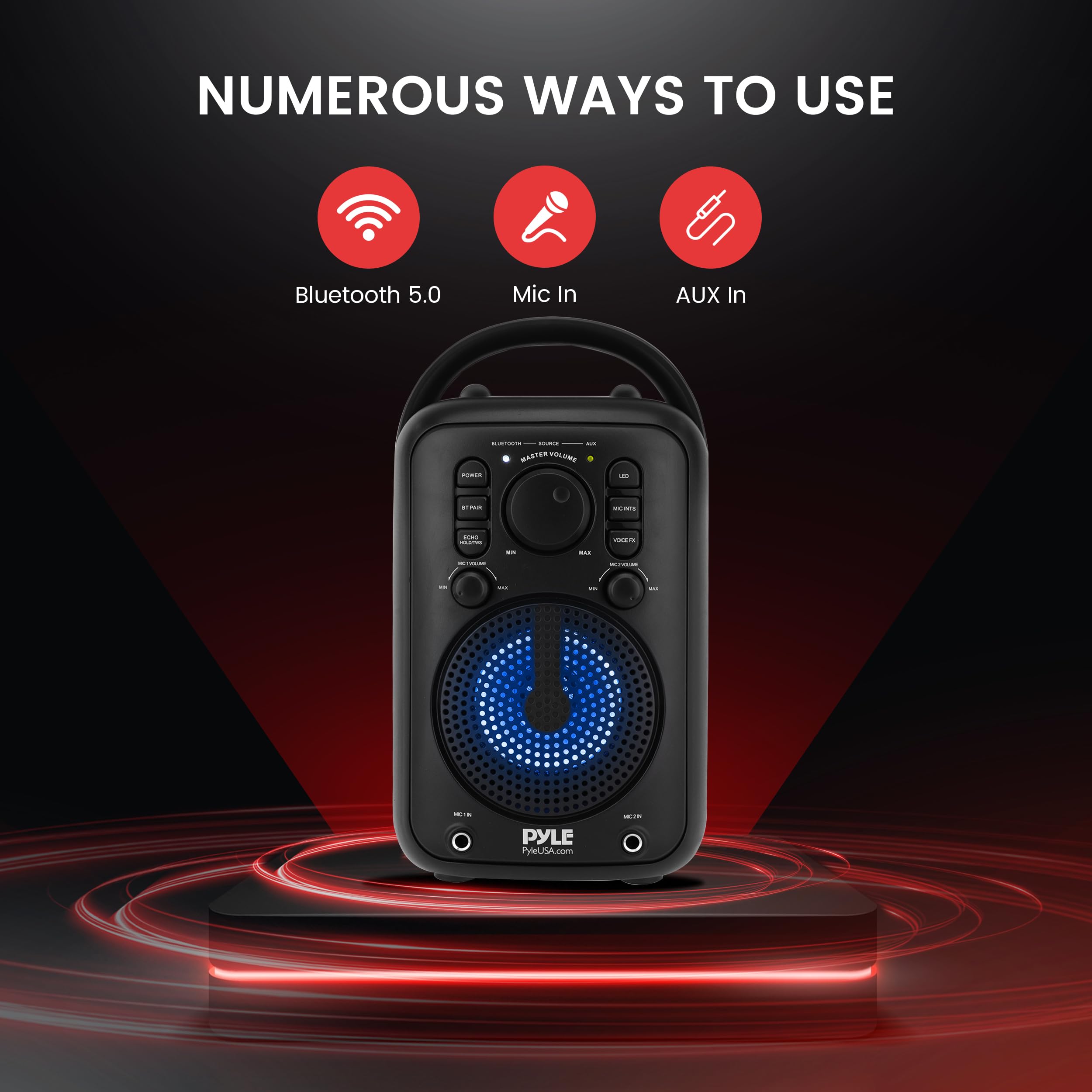 Pyle 4β Wireless BT Streaming Speaker - Portable Audio Speaker, with Two Microphones and Stand to Put Mobile Phone, 5.0 Bluetooth, Big Bass & Clear Sound, MP3, Classic Karaoke SystemP