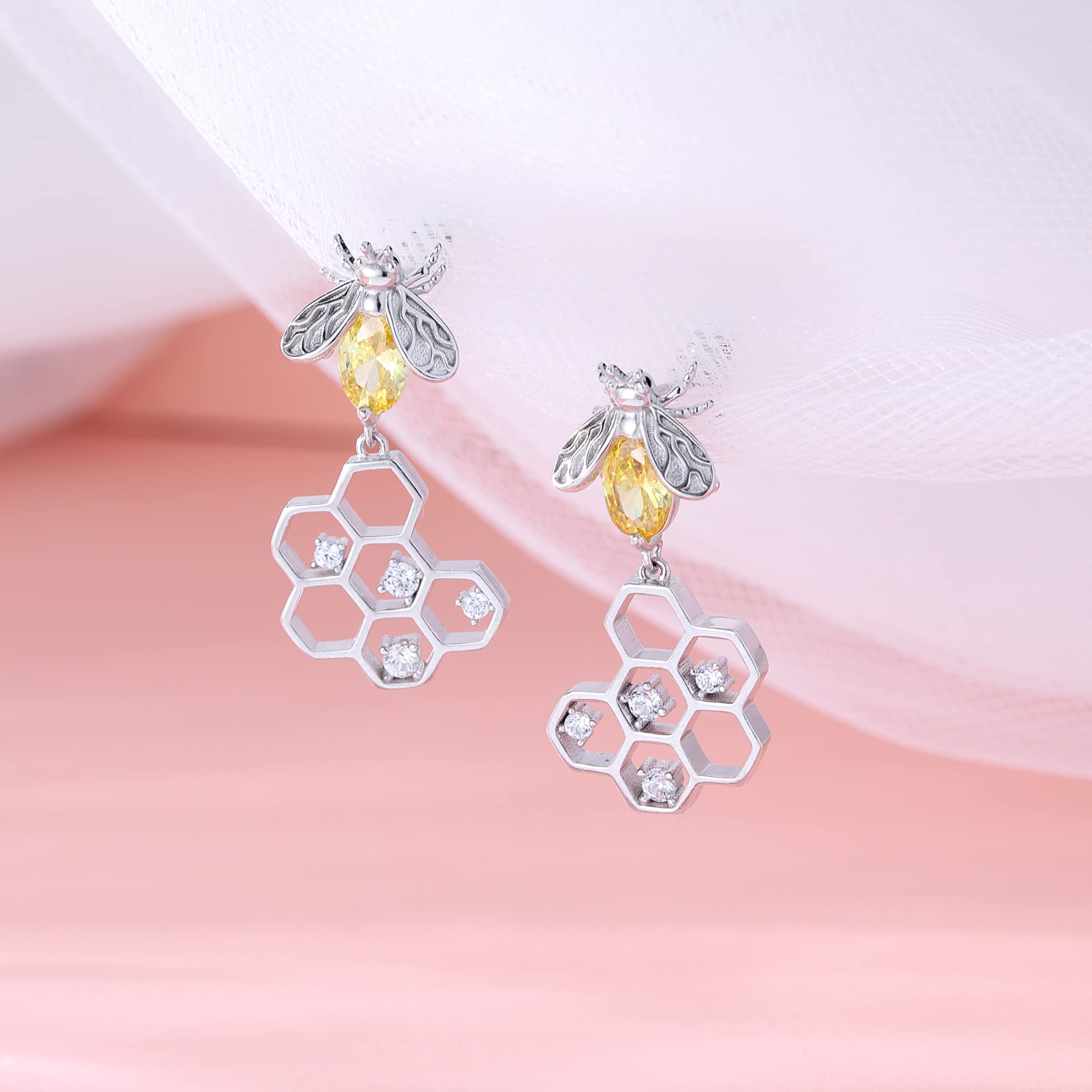 SLUYNZ 925 Sterling Silver Crystal Bee Earrings Drop fpr Women Honeycomb Dangle Earrings Studs