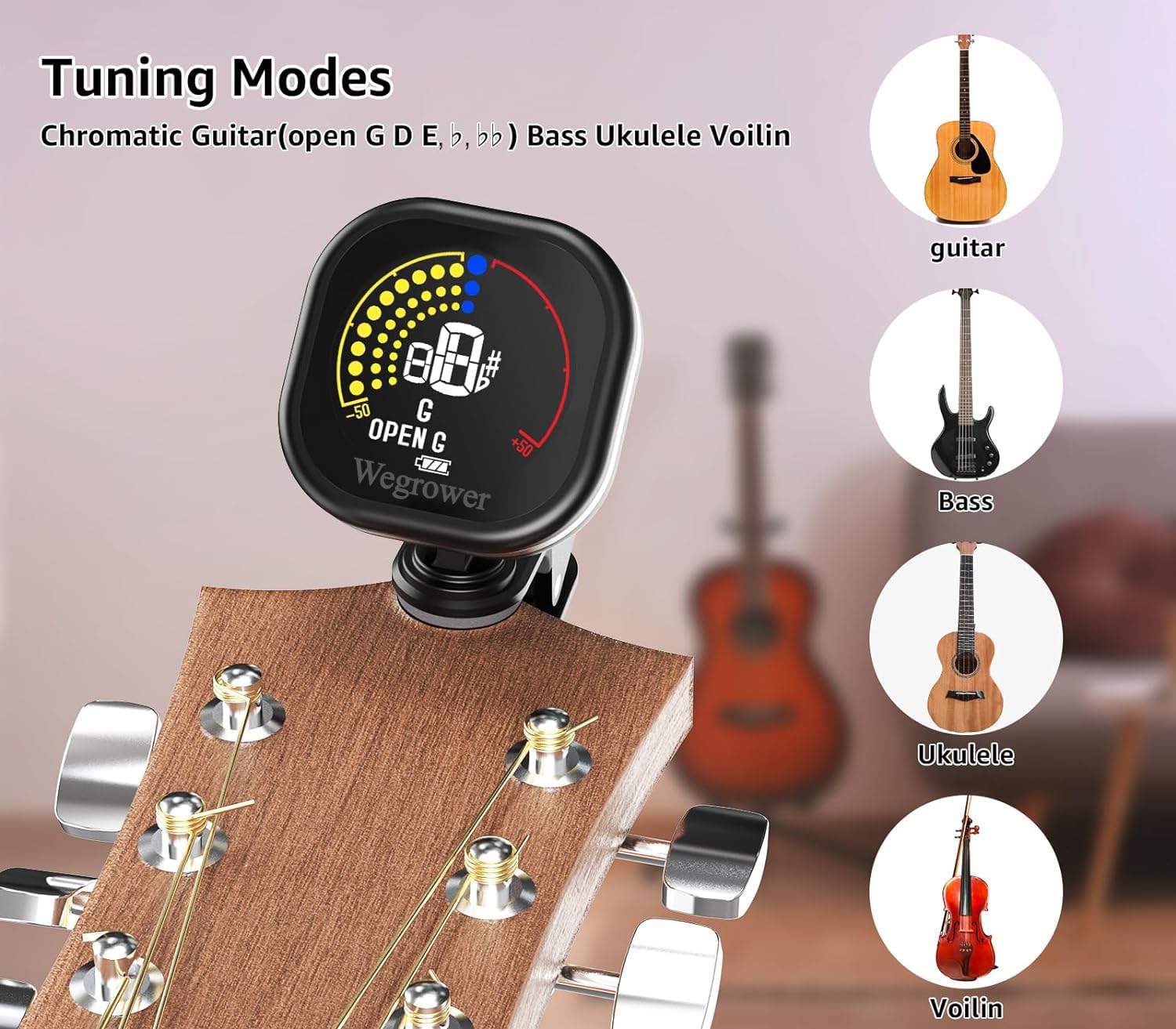 Wegrower Guitar Tuner Rechargeable, Clip On Tuner with LCD Color Display with Guitar, Ukulele, Violin and Chromatic Tuning Modes, Tuners for Musical Instruments