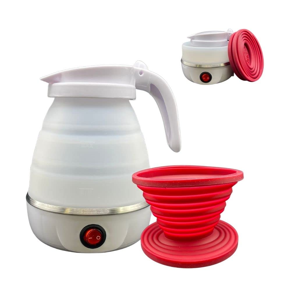 Portable collapsible electric kettle, small travel foldable BPA free fast water boiling tea kettle, dual voltage, 600ml with collapsible pour over coffee dripper and waterproof storage bag