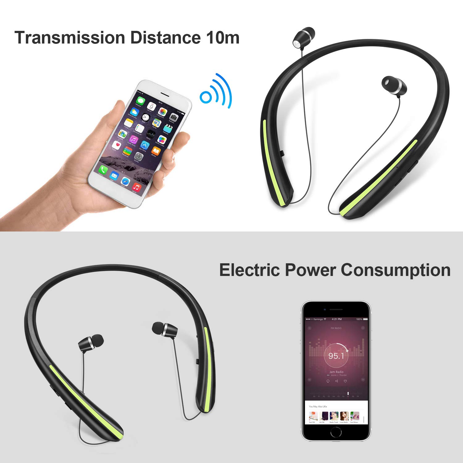 Retractable Bluetooth Headphones, Wireless Earbuds Stereo Headsets Neckband Earphone Noise Canceling with Mic (20 Hours Playtime, Black Green)