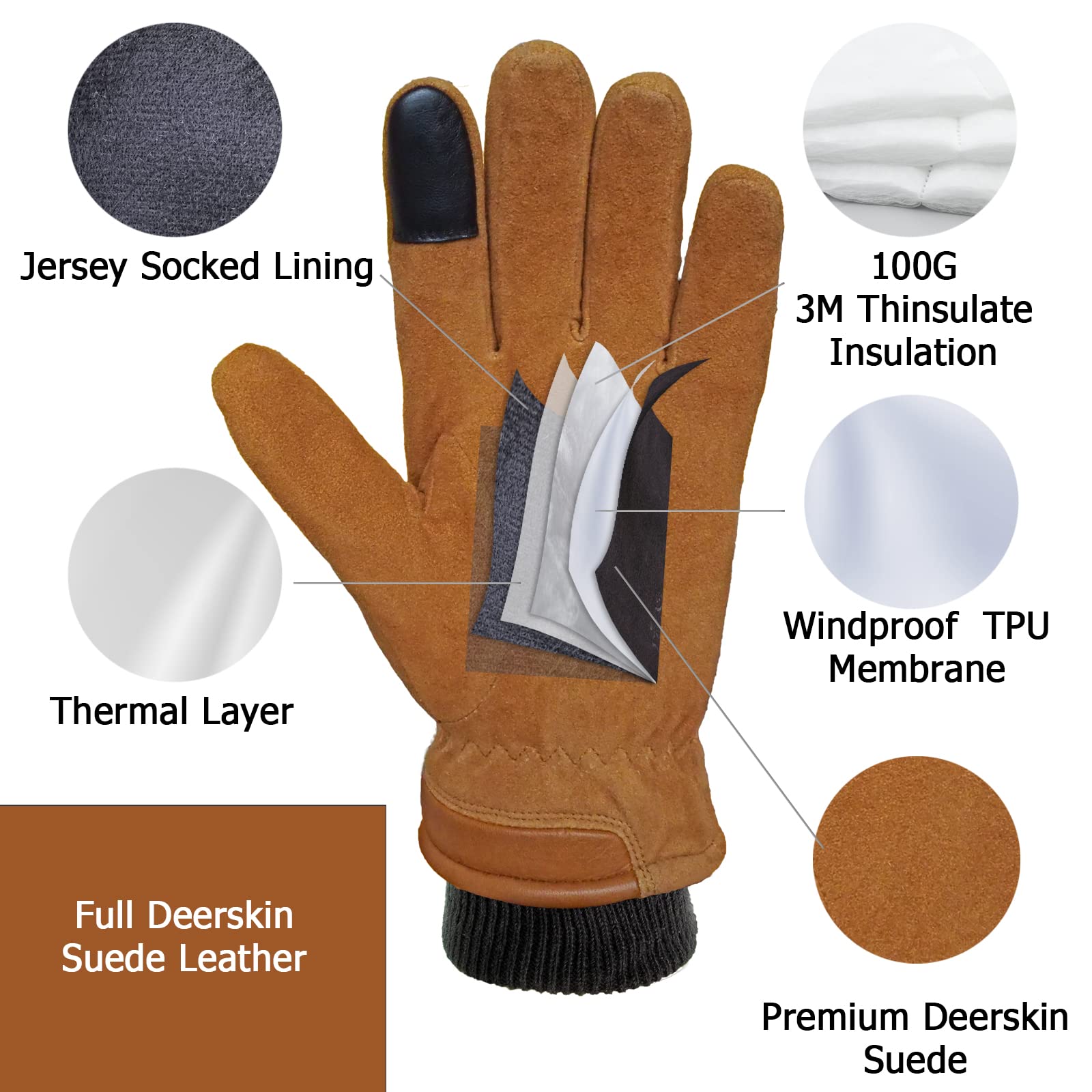 SKYDEER Touch Screen Deerskin Suede Leather Warm Winter Gloves For Driving Running Cycling and Cold Weather Work (SD8653T/L)