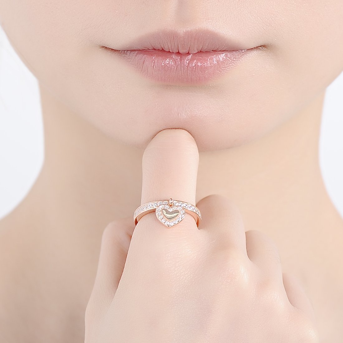 Santuzza 925 Sterling Silver Dangle Heart Ring White Cubic Zirconia Jewelry for Women (6, Rose Gold Plated)