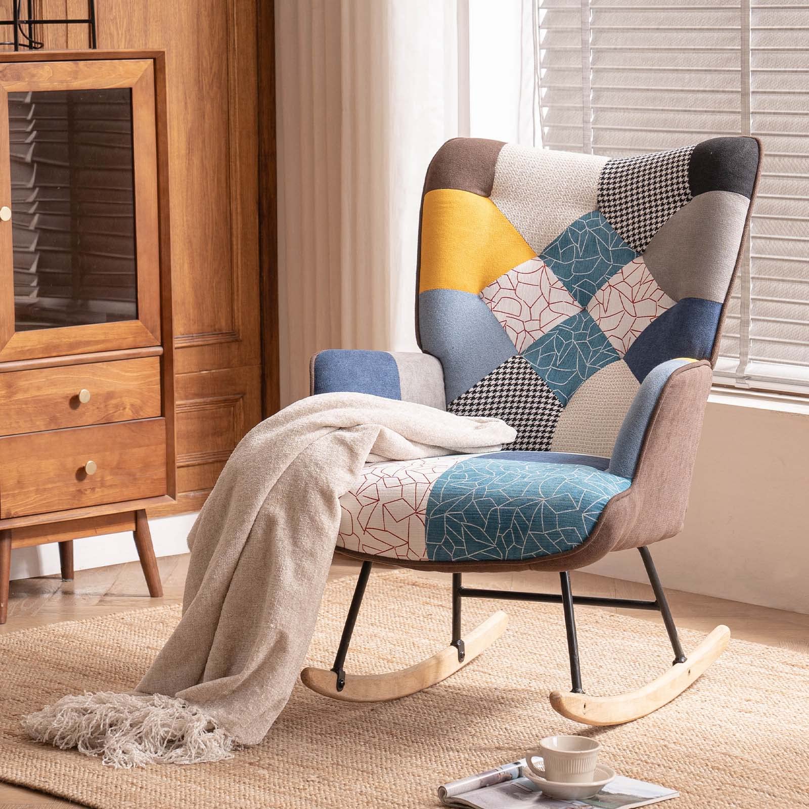 RichFire Rocking Chair, Tufted Upholstered Rocking Chair for Nursery, Comfy Wingback Glider Rocker with Safe Solid Wood Base for Living Room Bedroom Balcony (Patchwork A)