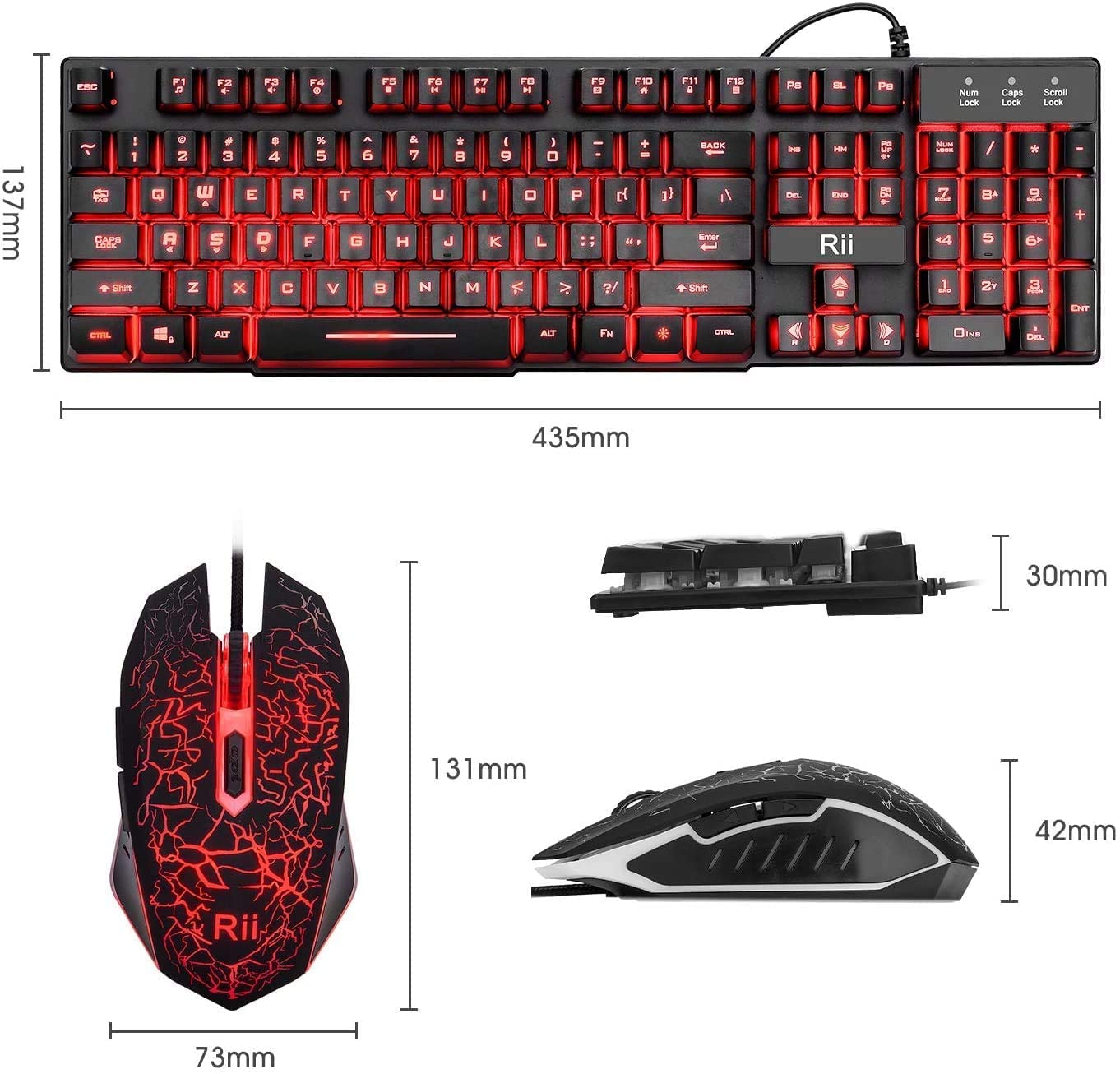 Rii Gaming Keyboard and Mouse Set, 3-LED Backlit Mechanical Feel Business Office Keyboard Colorful Breathing Backlit Gaming Mouse for Working or Primer Gaming,Office Device (RK108)
