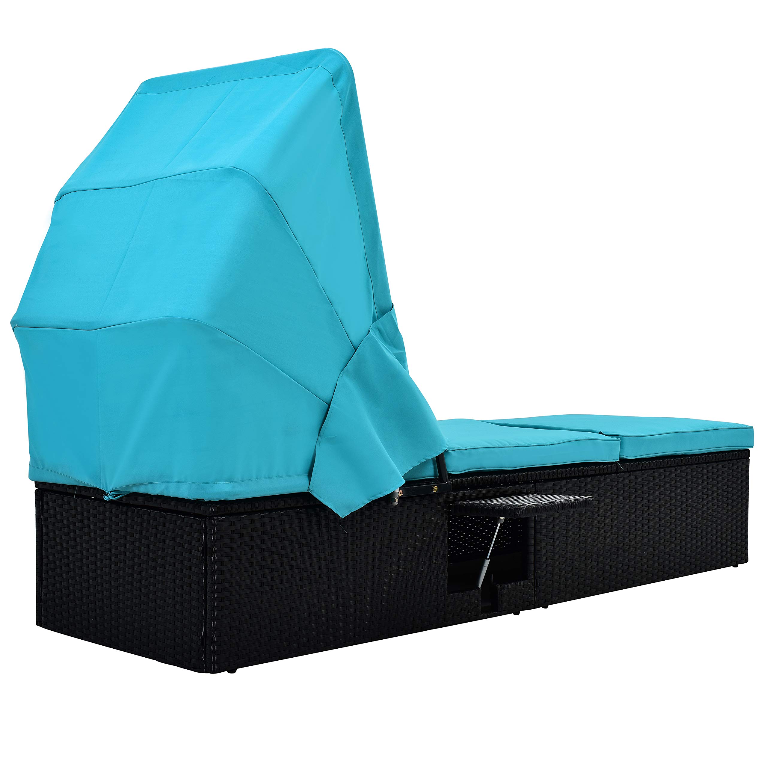 OPTOUGH Outdoor Chaise Lounge Chair with Folding Canopy, 76.8" Long Cushioned Reclining Rattan Sun Lounger with Adjustable Backrest, w/Cup Table, for Beach Poolside Backyard Balcony Porch, Blue
