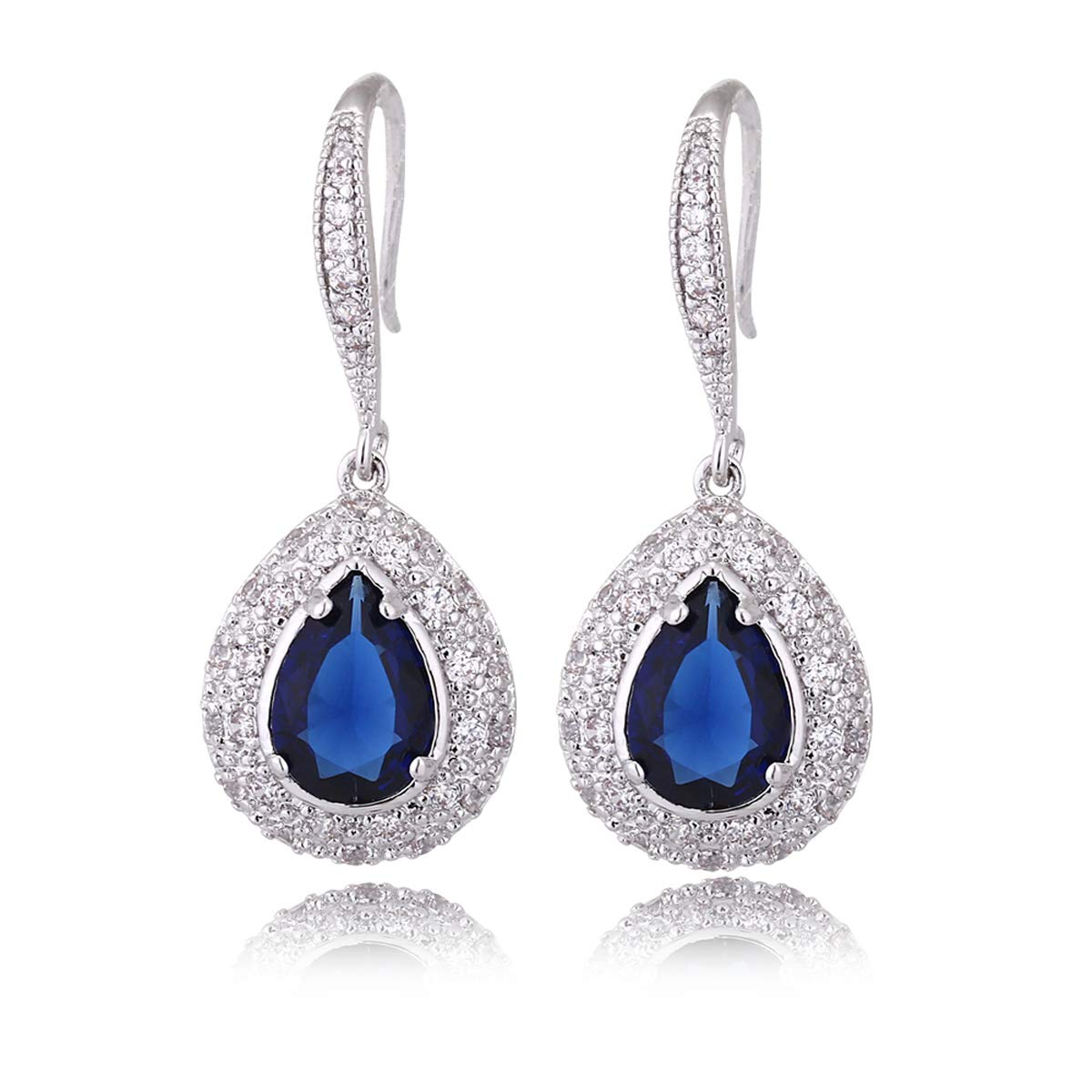 Sapphire Earrings for Women - Silver Bridal Teardrop Blue Crystal Cubic Zirconia Drop Earring for Wedding Party Prom Fashion Jewelry for Bride Bridesmaids September Birthstone Birthday Jewelry