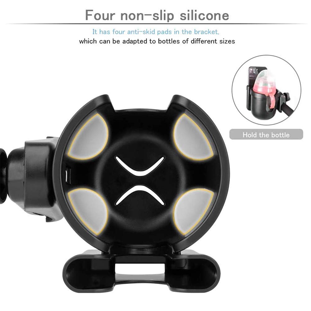 Stroller Cup Holder with Phone Organizer, 2-in-1 Universal Cup Holder, 360 Degrees Rotation Storage Rack for Stroller/ Pushchair/ Wheelchair/ Bike