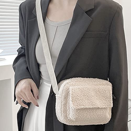 Women Plush Shoulder Bag Crossbody Handbag Lamb Wool Messenger Bag Fluffy Tote Bag (Khaki, One Size)