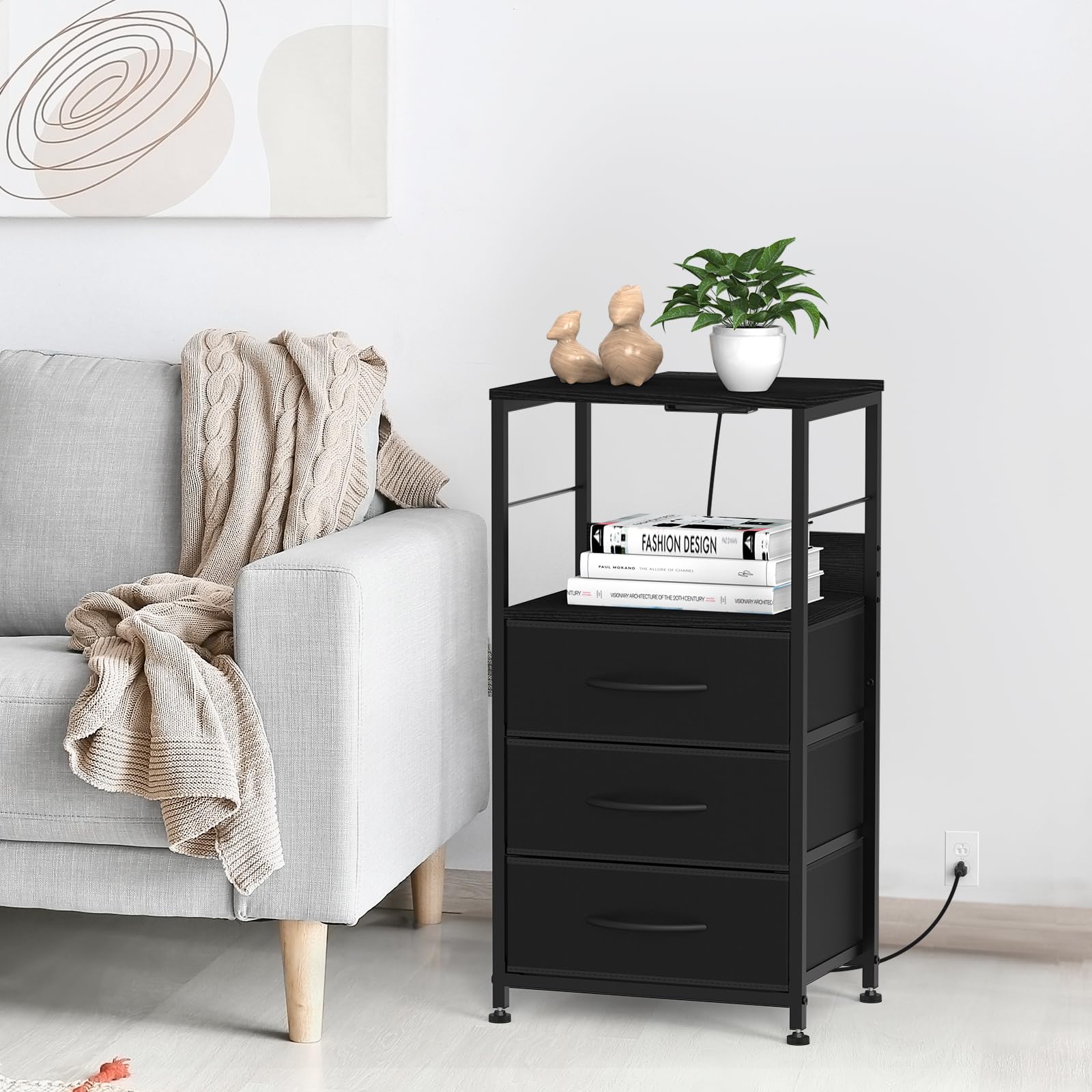 NOVIMANGO White Nightstand with Charging Station End Side Table with Drawer Tall Bedside Table with USB Ports & Outlets 3 Tier Tall Night Stand with Fabric Drawer for Living Room Dorm Office