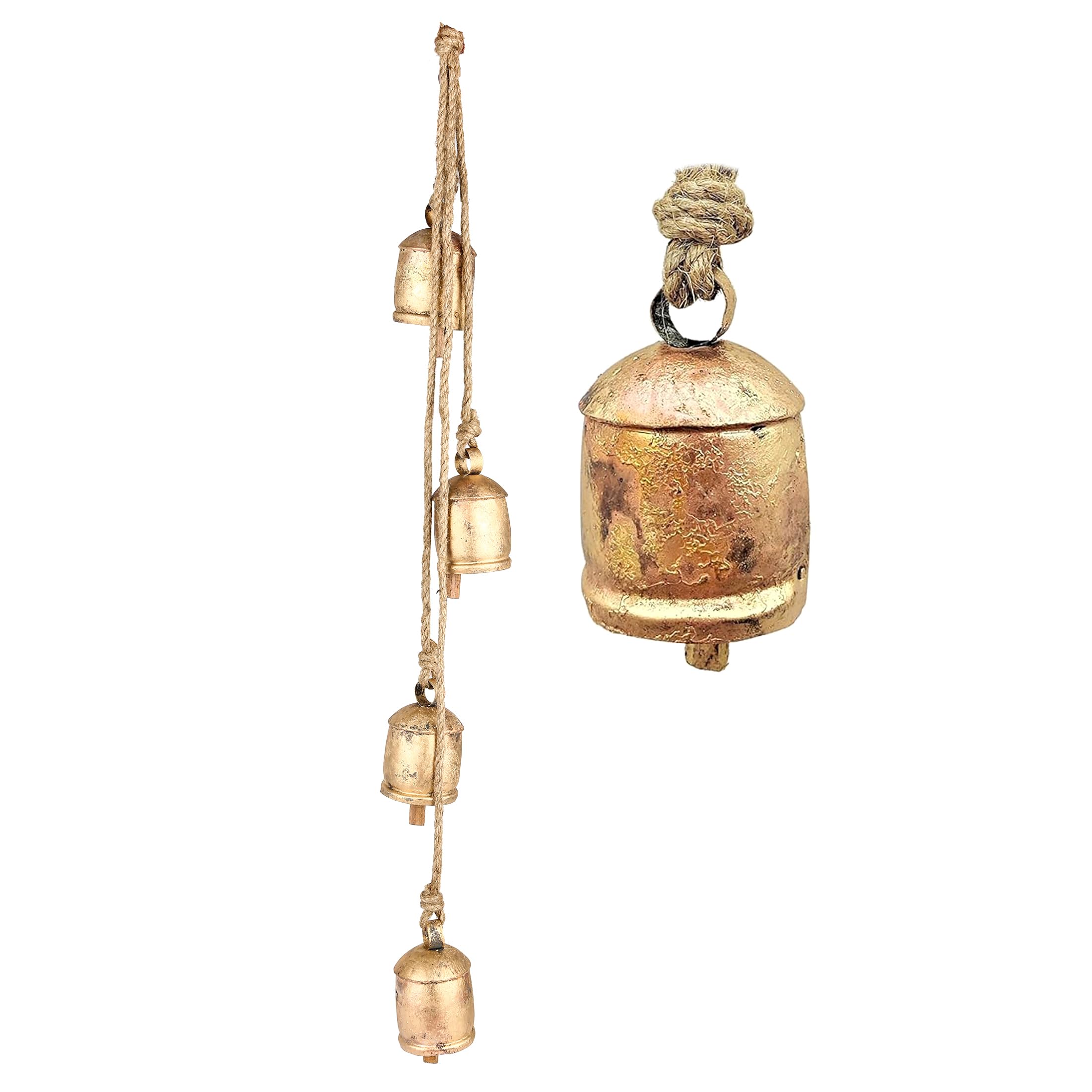 Vivanta Giant Cow Bells Set Rustic Vintage Lucky Harmony Cow Bells On Rope, 4 Inch 4 Bells Cluster Wall Hanging Décor Harmony Bells, 36 Inch Long Hanging Bell Set