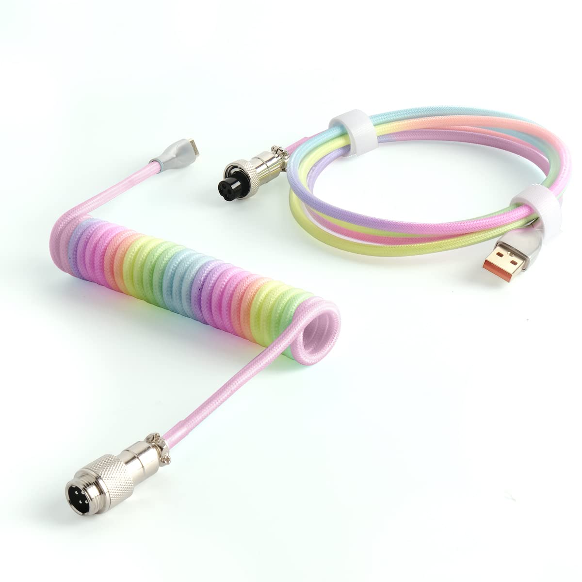 VELOCIFIRE Custom Coiled USB C Cable for Gaming Keyboard, Double-Sleeved Mechanical Keyboard Cable with Detachable Metal Aviator,1.5M USB-C to USB-A(Rainbow)