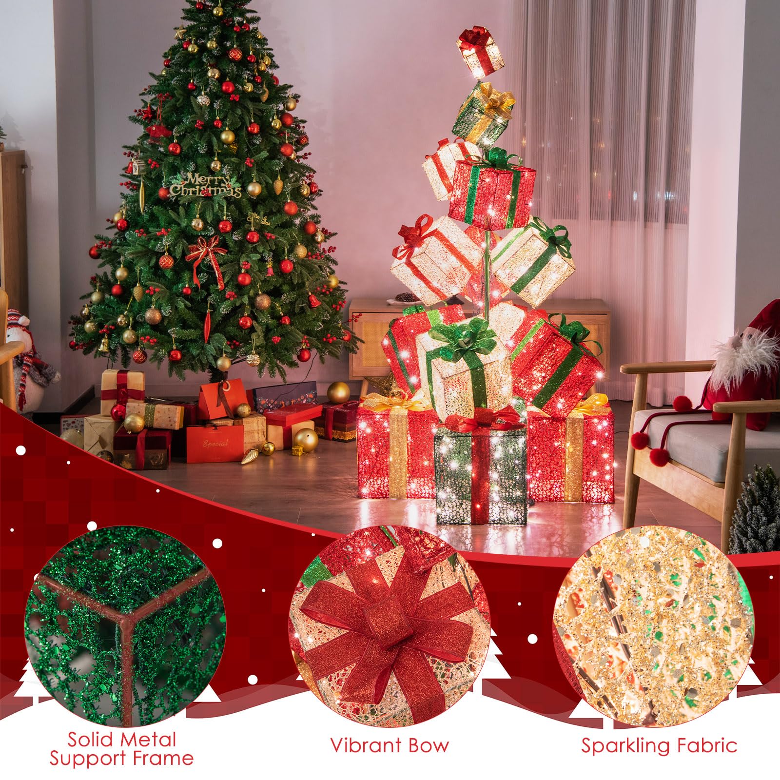 Tangkula 5.6 FT Lighted Box Tower, 15 Stacked Pre-lit Boxes with 450 Warm White Lights, Metal Base, Ribbons & Bows, Light up Gift Box Decorations for Indoor Outdoor
