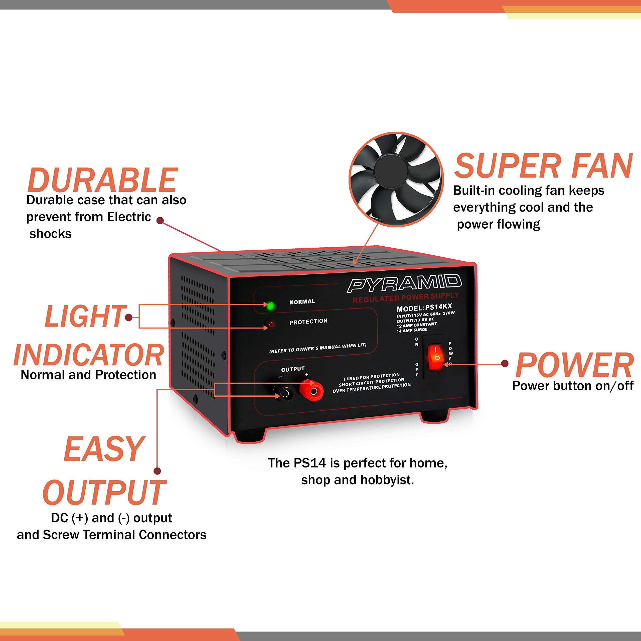 Pyramid Universal Compact Bench Power Supply-12 Amp Linear Regulated Home Lab Benchtop AC-to-Dc 12V Converter w/ 13.8 Volt Dc 115V AC 270 Watt Power Input, Screw Type Terminals, Cooling Fan-PS14KX.5