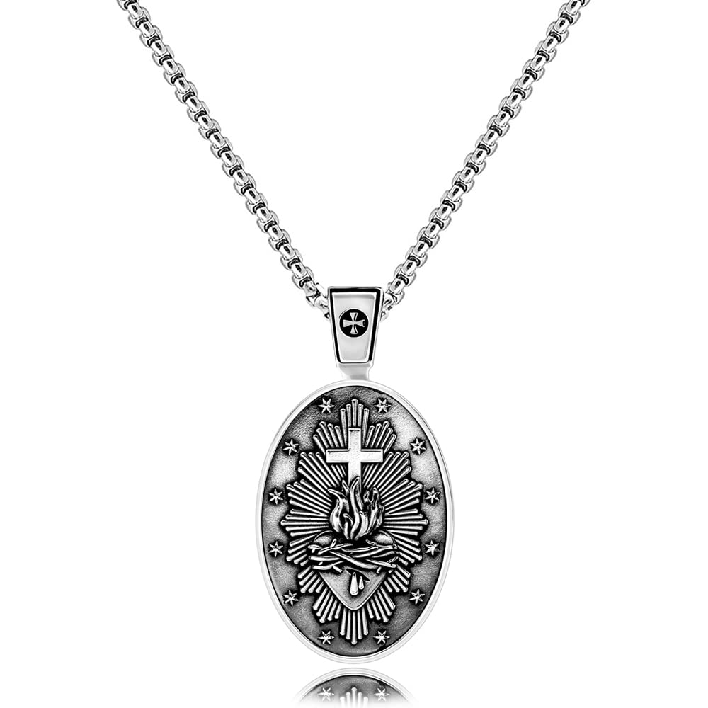 VENICEBEEĀ® Cross Jesus Christ Sacred Heart Medal Divine Love Flame Devotional Christian Amulet Unique Solid 925 Sterling Silver Pendant Necklace + Velvet Pouch, Polishing Cloth, Fine Gift Box