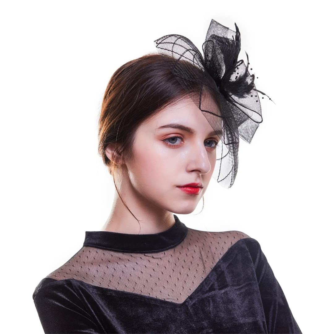 Women Fancy Feather Hats Black Birdcage Veil Wedding Hats and White Net Hair Accessories Black