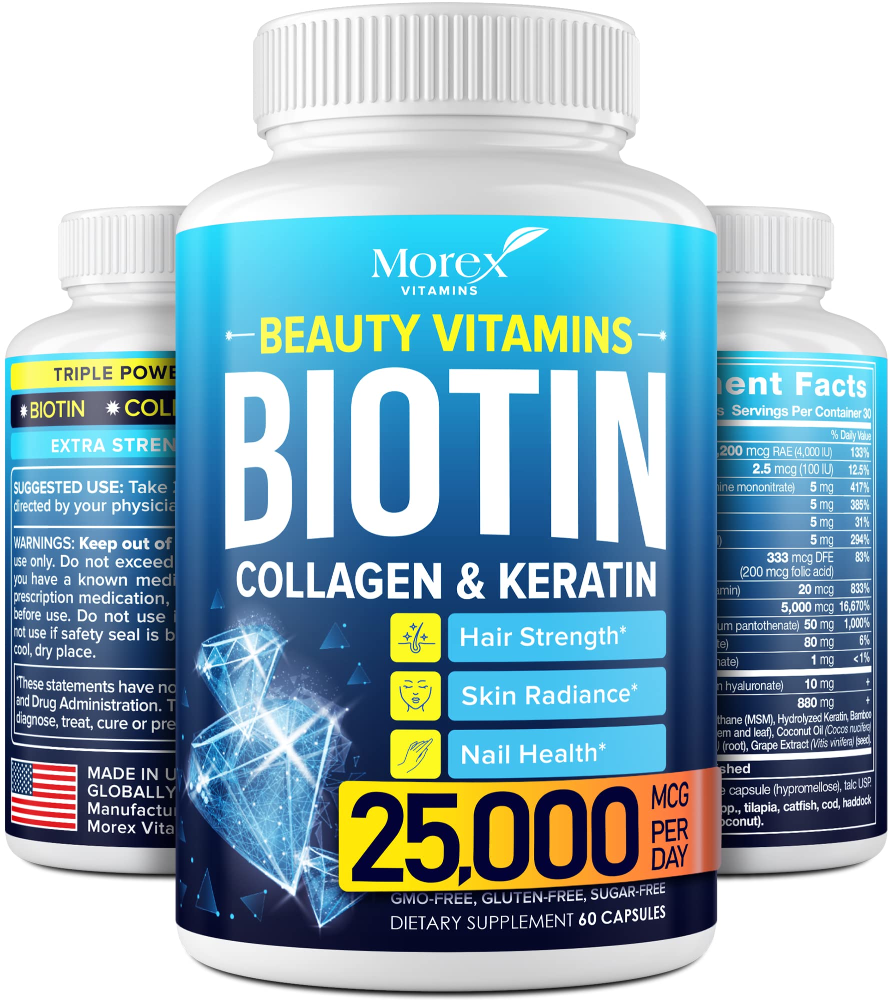 ORIONPHARMA Biotin Keratin & Collagen Capsules - Made in USA - Natural Collagen, Keratin & Biotin for Hair Growth - Biotin & Collagen Vitamins with Multi Collagen Peptides for Hair Loss, Skin & Nails