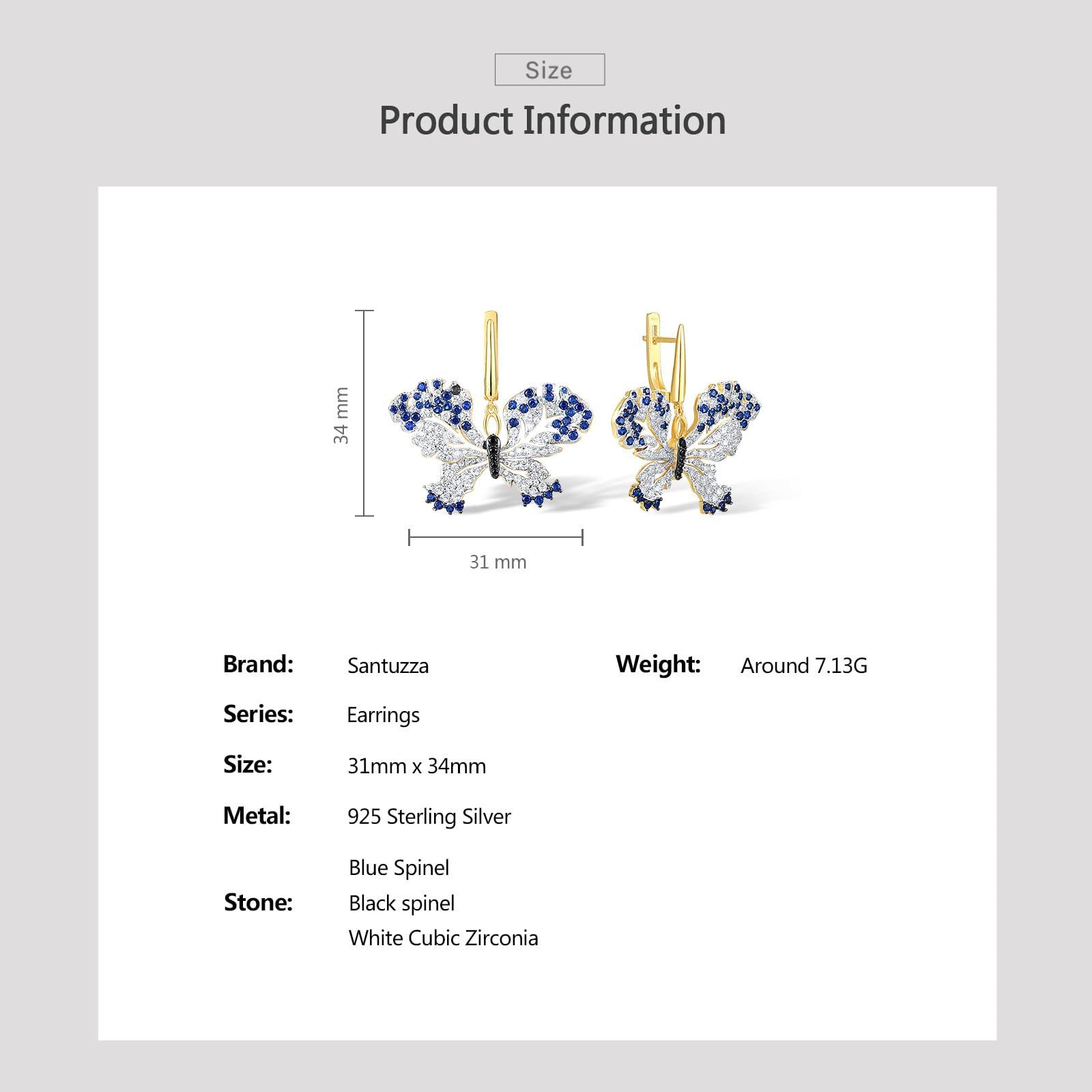 Santuzza Butterfly Earrings 925 Sterling Silver Blue Nano Cubic Zirconia White CZ Gemstone Butterfly Dangle Earrings for Women