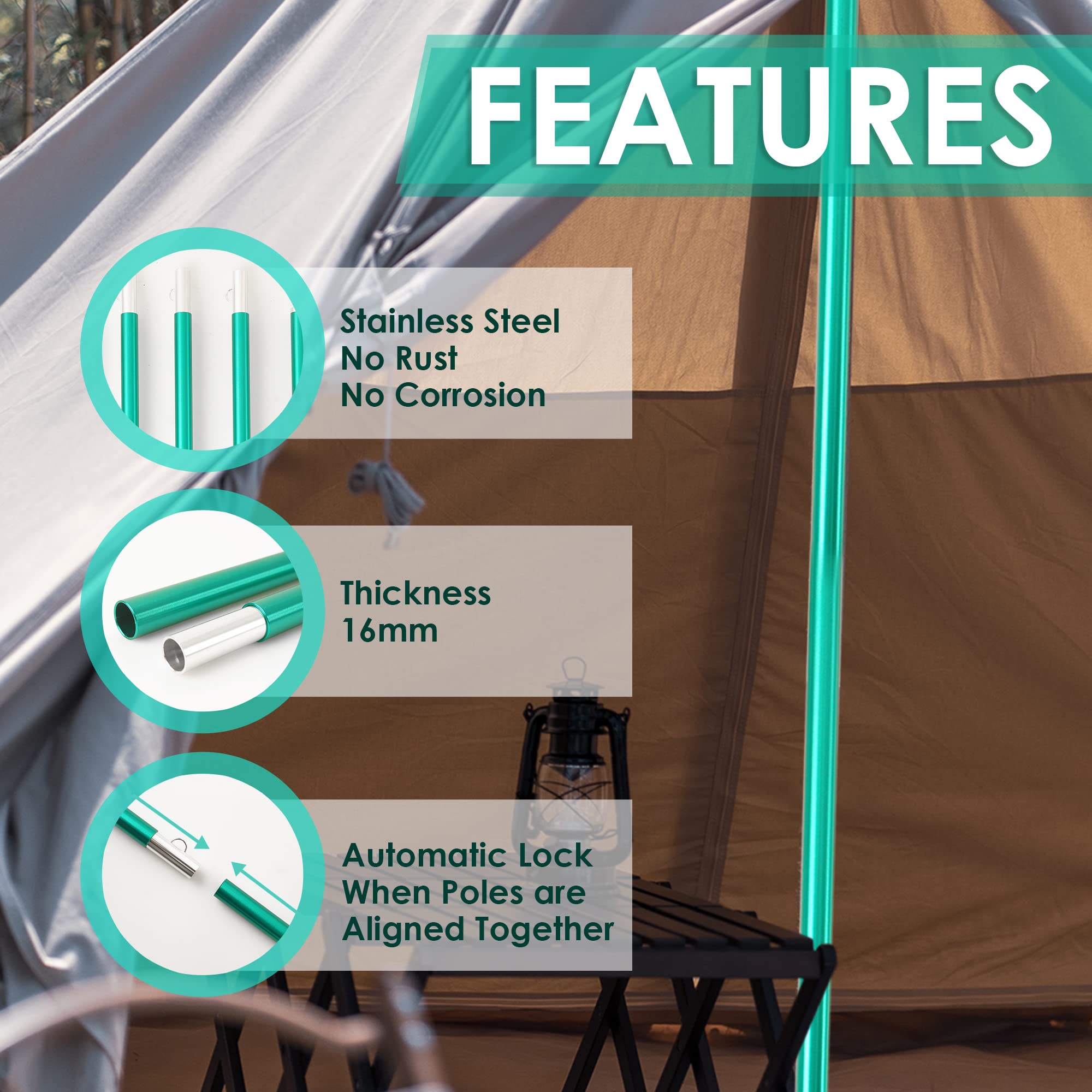 Tent Canopy Poles, Aluminum Tent Pole Folding Adjustable Canopy Support for Tarps and Tents, Six Section Collapsible 86 inches Poles Lightweight Replacement Tarp Poles for Camping Awning Shelter