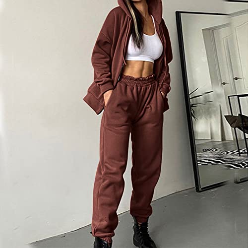 Women's 2 Piece Lounge Sets Outfits Casual Zip Up Hoodie and Sweatpant Jogging Suit Set Full Zip Up Sweatsuits Set Brown