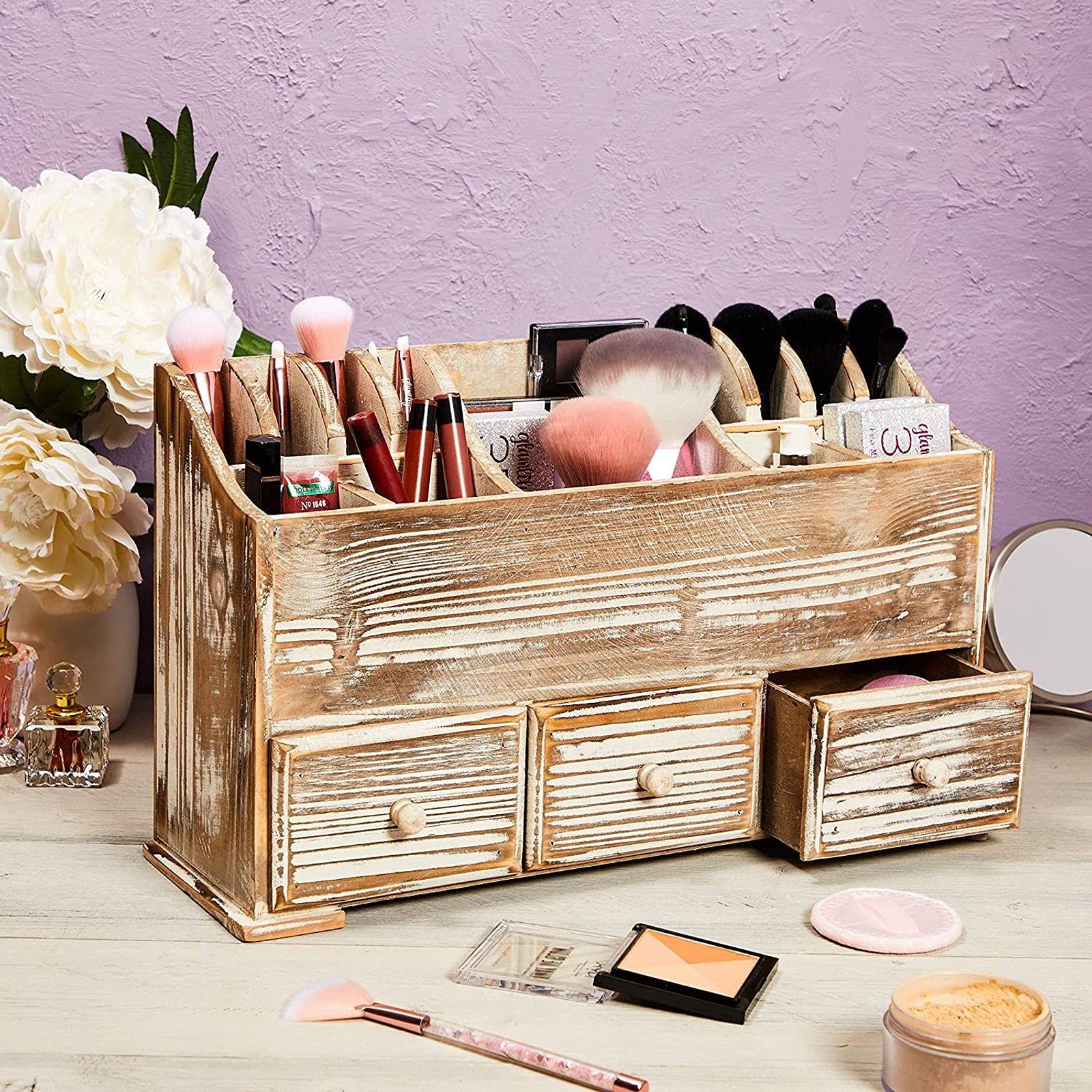 Wooden Makeup Organizer with 3 Drawers for Vanity, Cosmetic Storage for Brushes (15.5 x 9.5 in)