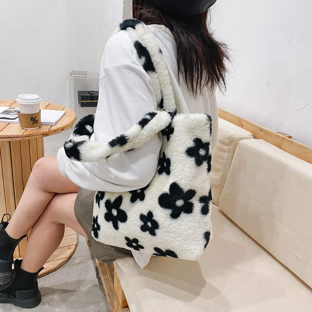 Women Fluffy Flower Pattern Plush Shoulder Bag Handbag Wallet for Autumn Winter