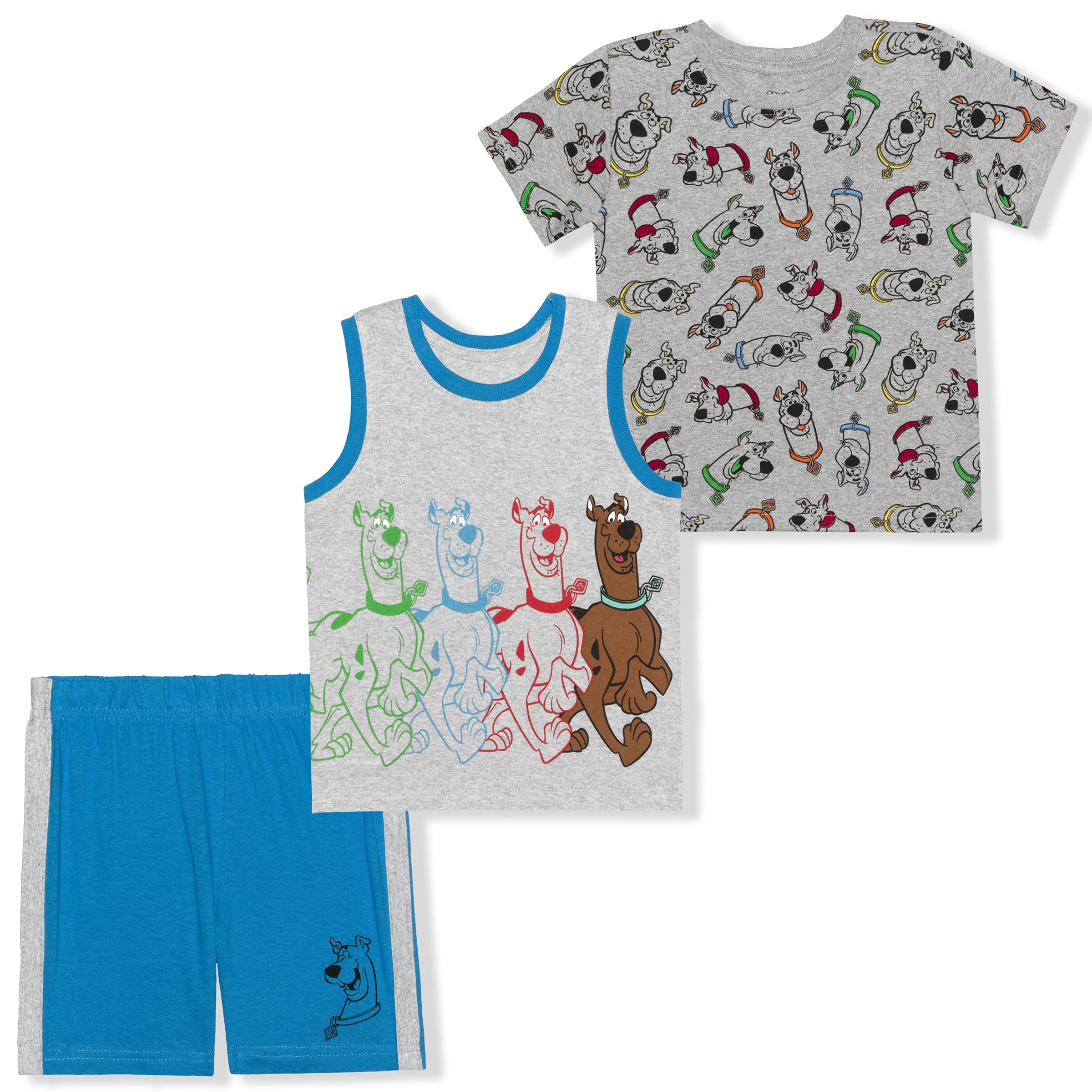 Warner Bros. Scooby Doo Boys’ Short Sleeve T-Shirt, Tank Top and Short Set for Toddler and Little Kids – Blue/Grey
