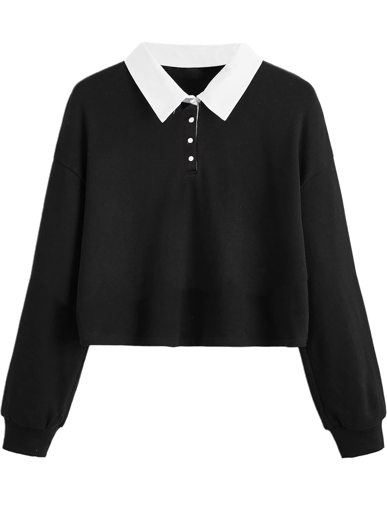 Remidoo Women's Collared Half Button Long Sleeve Solid Color Crop Top Sweatshirt Black Small