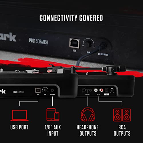Numark PT01 Scratch | DJ Turntable for Portablists With User Replaceable Scratch Switch, Built In Speaker, Power via Battery or AC Adapter, Three Speed RPM Selection & USB Connectivity